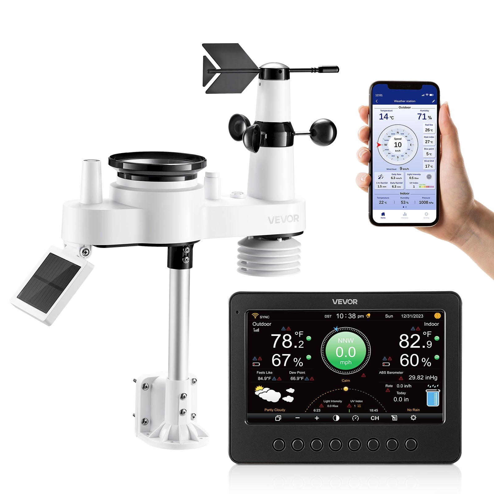 CCY 7-in-1 Wi-Fi Weather Station, 7-Inch TFT Display, Wireless Solar ...