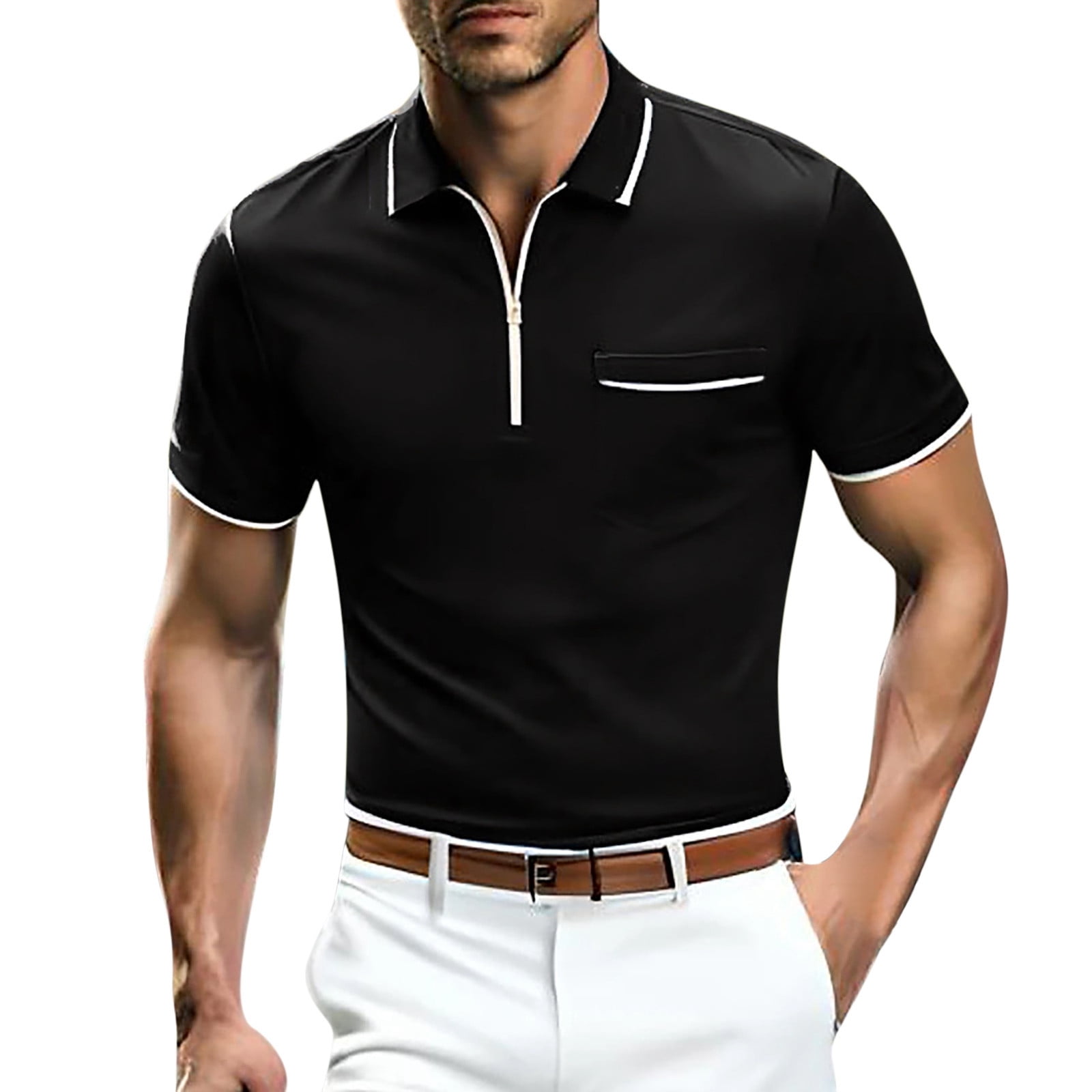 HCNTES Mens Short Sleeve Banded Bottom Polo Shirt with Pocket(Black,XXL ...