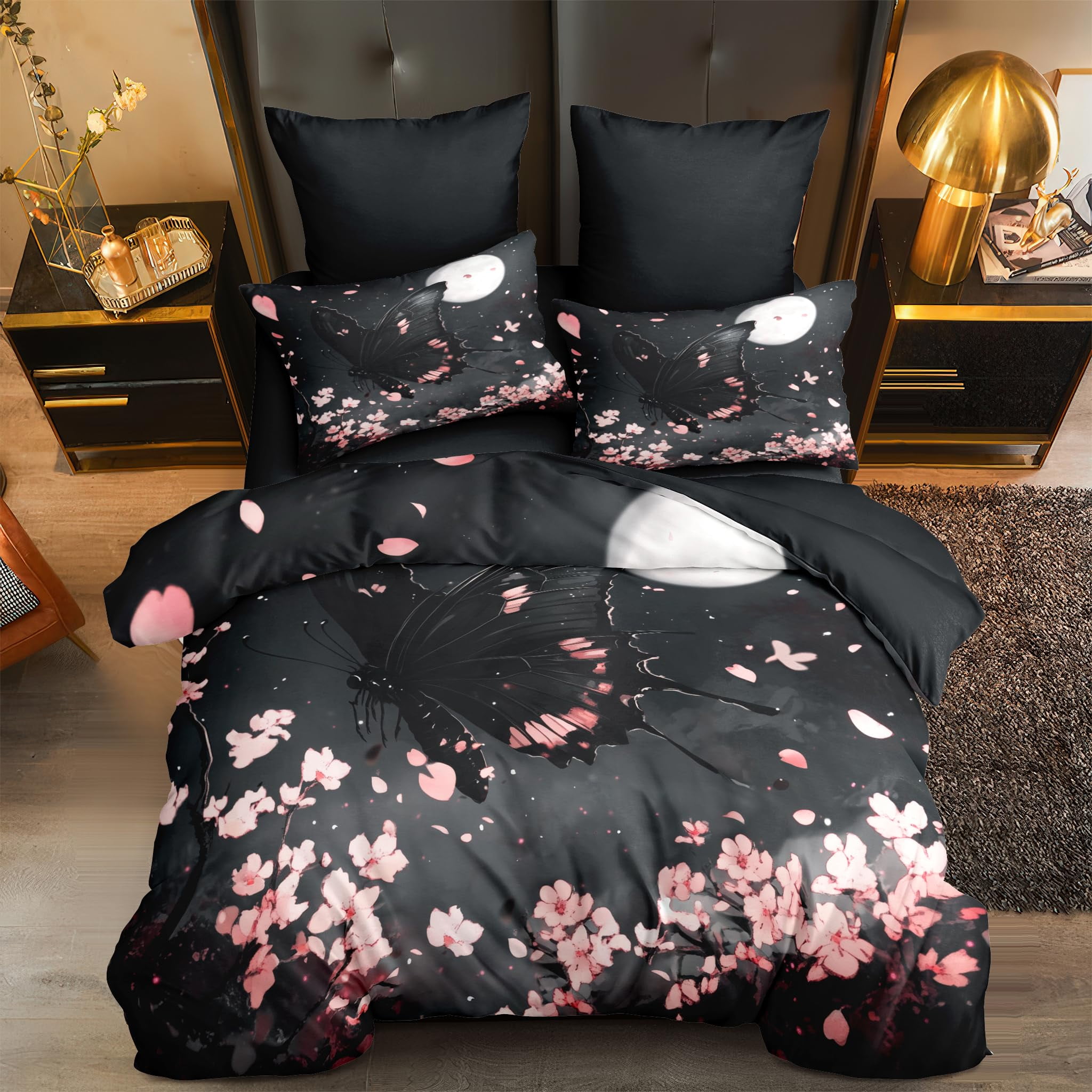 CCoutueChen Floral Comforter Set Queen Size Black Butterfly Pink Floral ...