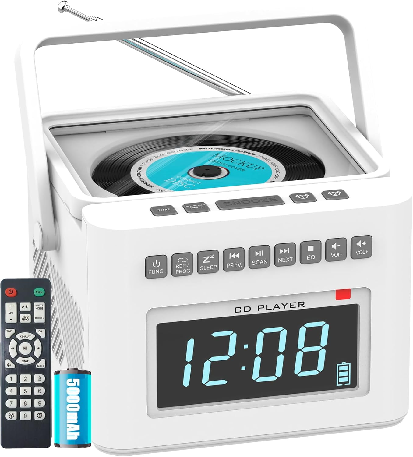 CD Player Alarm Clock Boombox with Bluetooth, 5000mAh Boombox Clock ...