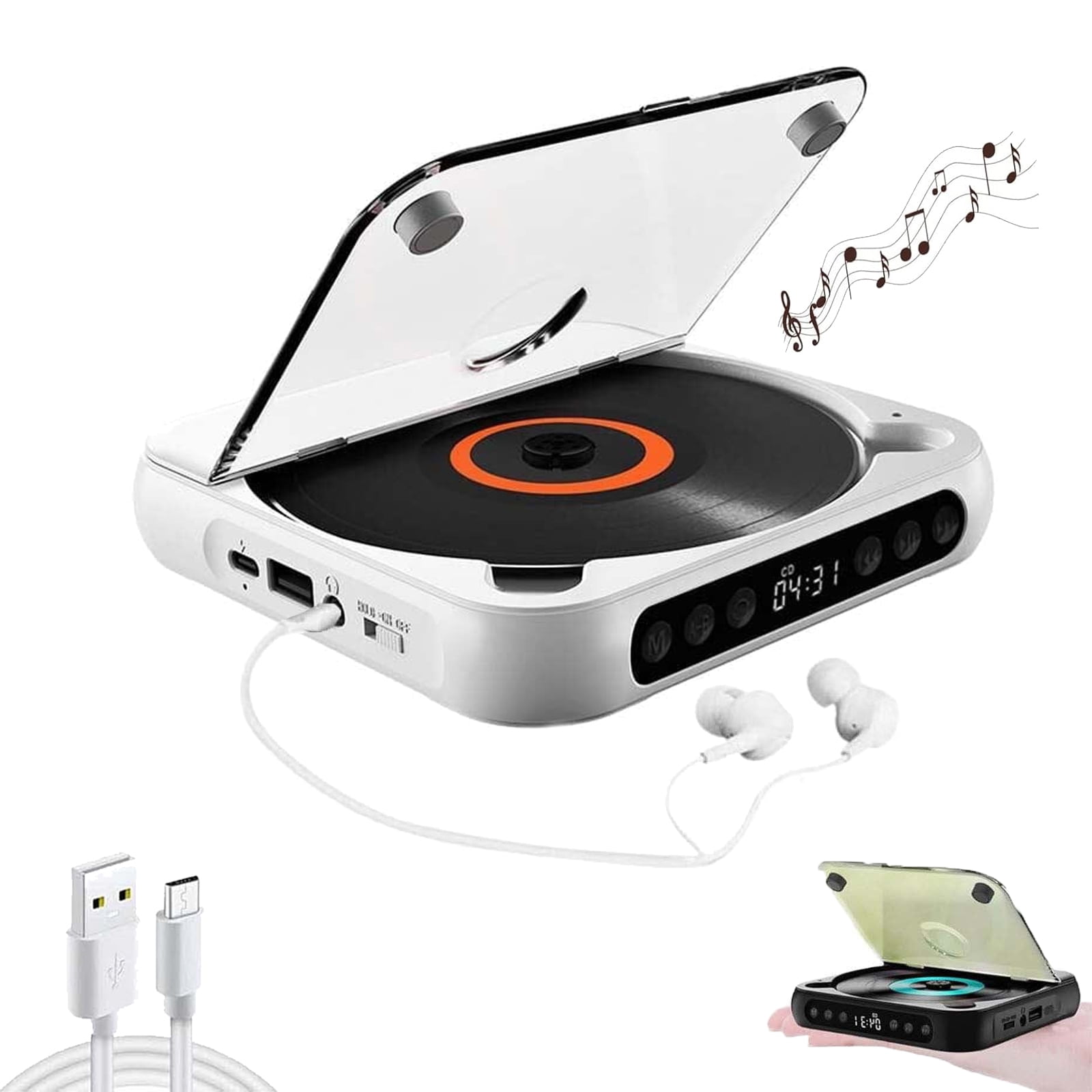 CD Player with Bluetooth, Rechargeable Compact CD Player Built-in HiFi ...