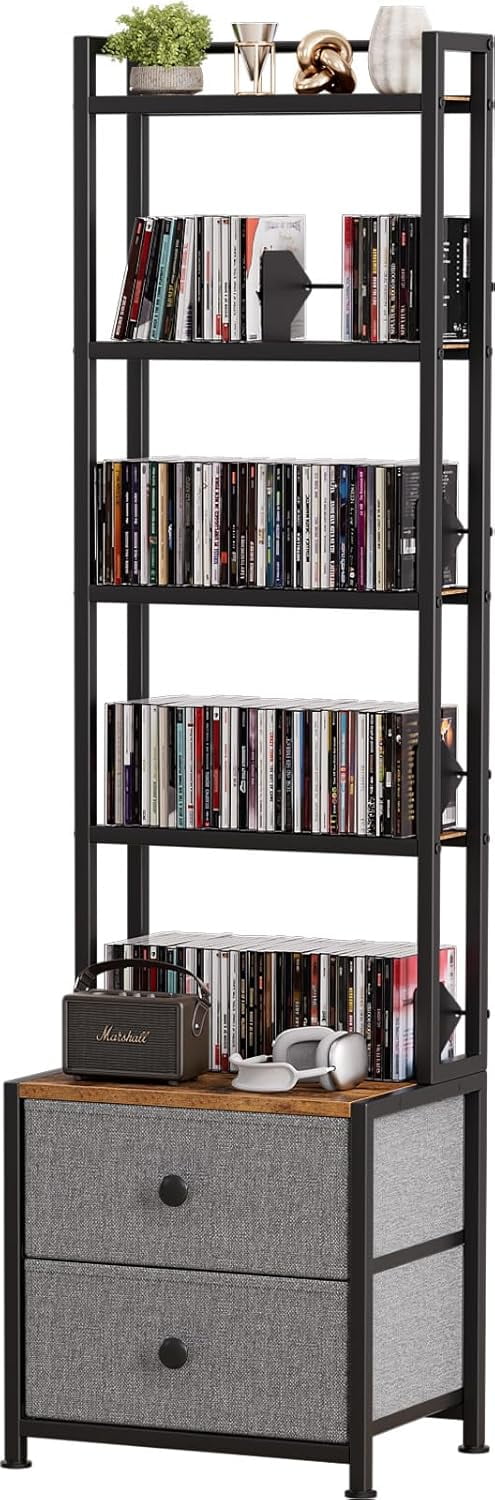 CD Storage Rack with Drawer, 5-Tier DVD Organizer Shelf w/Adjustable ...