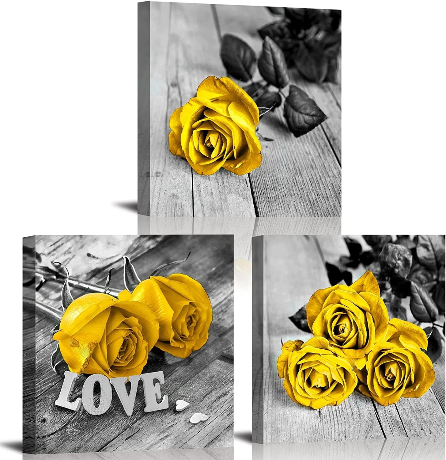CDDposter 3Pcs Yellow Rose Wall Art Flower Canvas Prints Picture Black ...