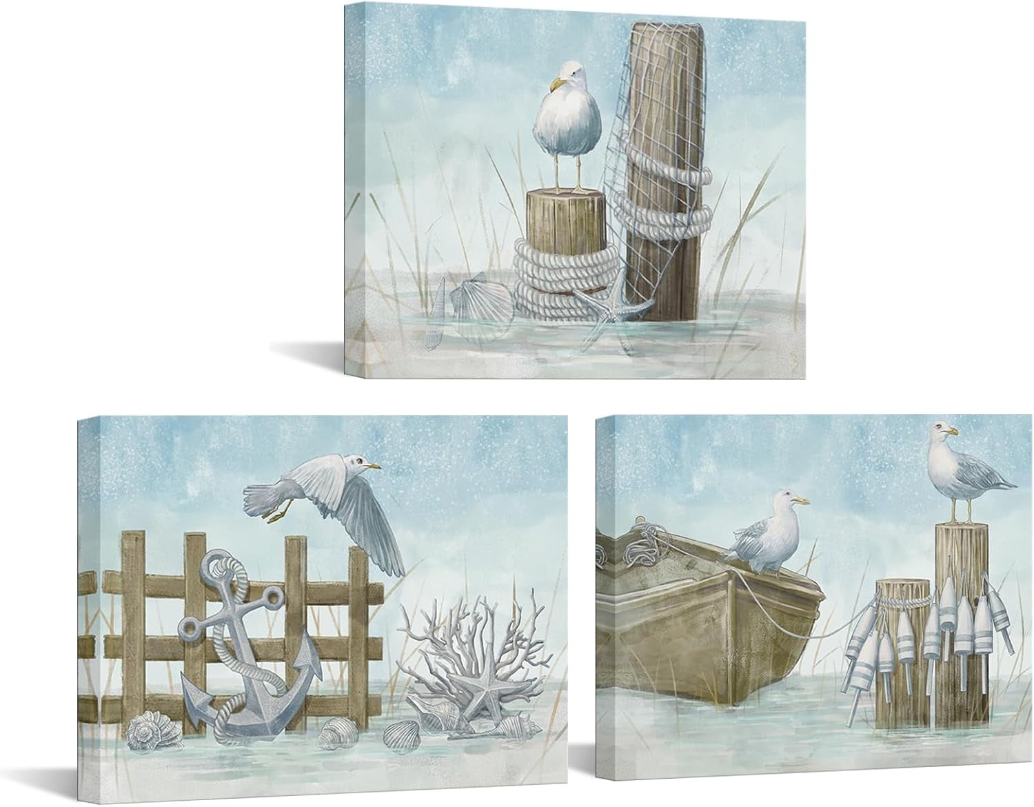 CDDposter 3pcs Blue Beach Seagull Wall Art | Ocean Landscape Sea Birds ...