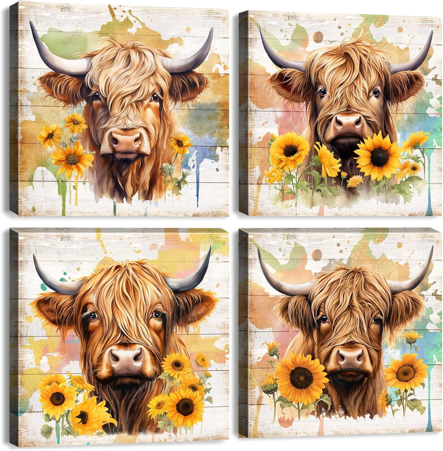 CDDposter 4Pcs Farmhouse Highland Cow Canvas Wall Art Bathroom Decor ...