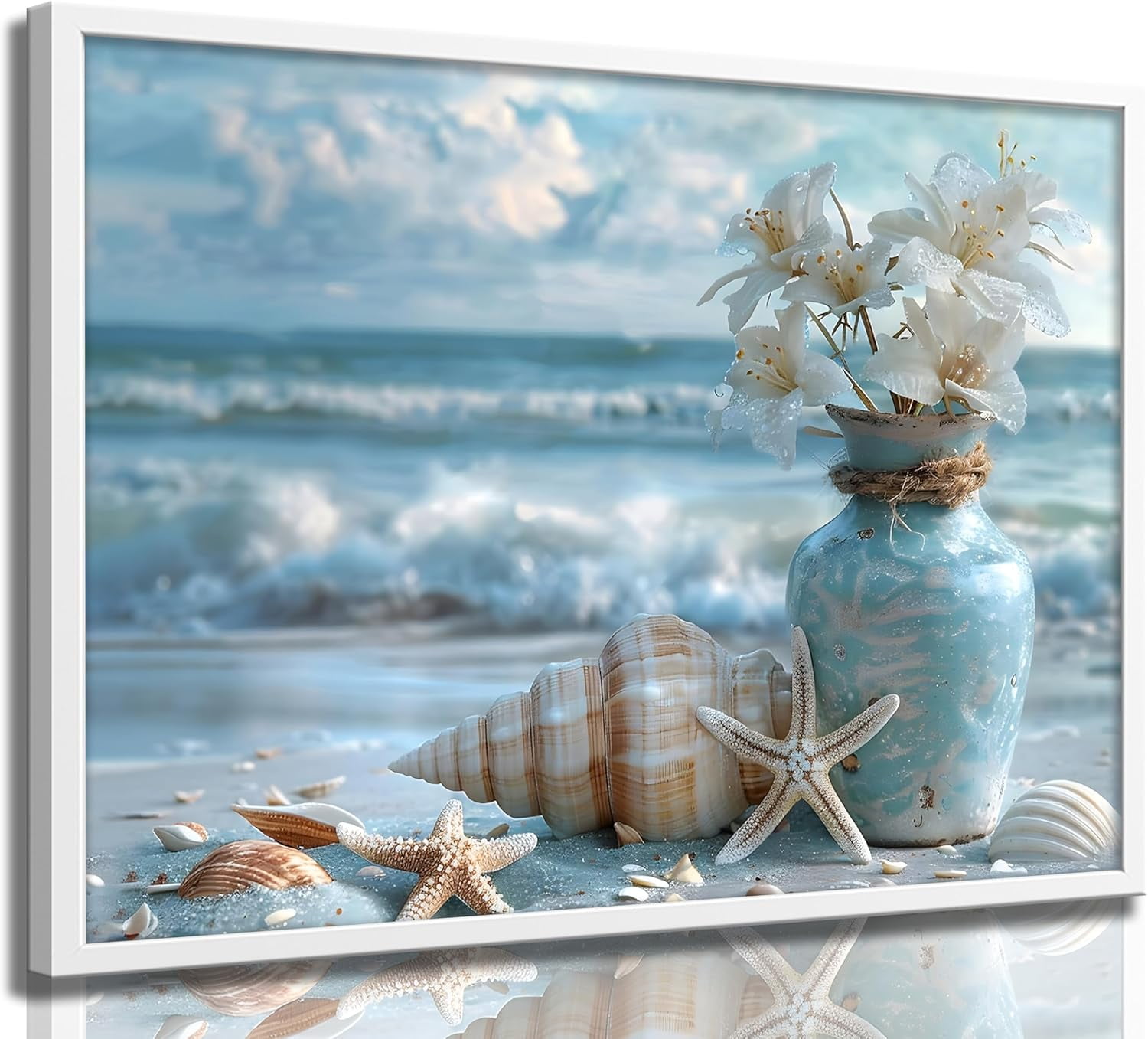 CDDposter Blue Beach Bathroom Canvas Wall Art Ocean Theme Flower ...