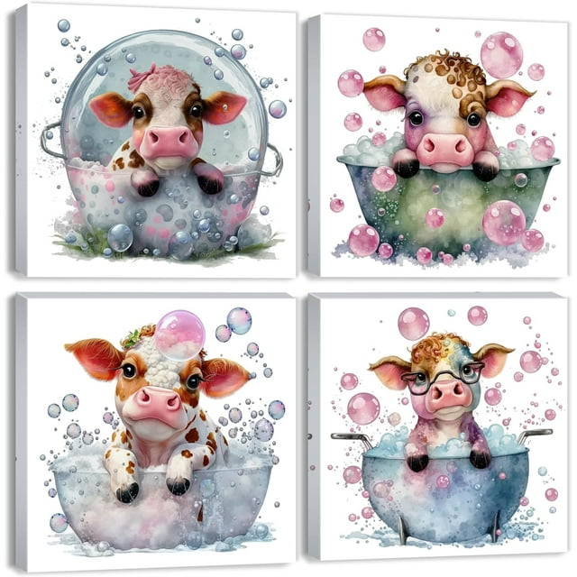 CDDposter Cute Cows Canvas Wall Art for Baby Room Decor Funny Bathing ...