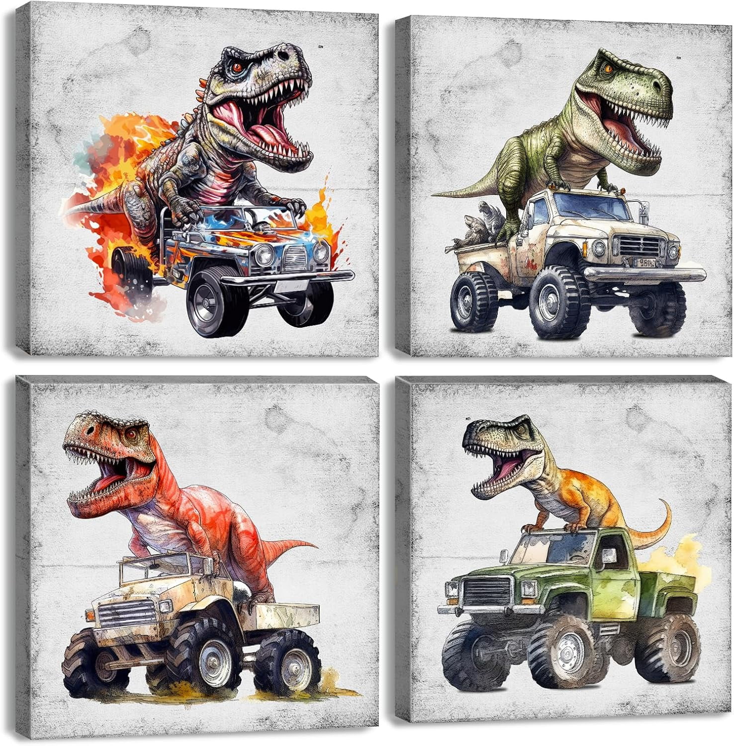 CDDposter Dinosaur Canvas Wall Art Cool Dinosaur Trucks Posters for Boys Room Vintage Monster ...