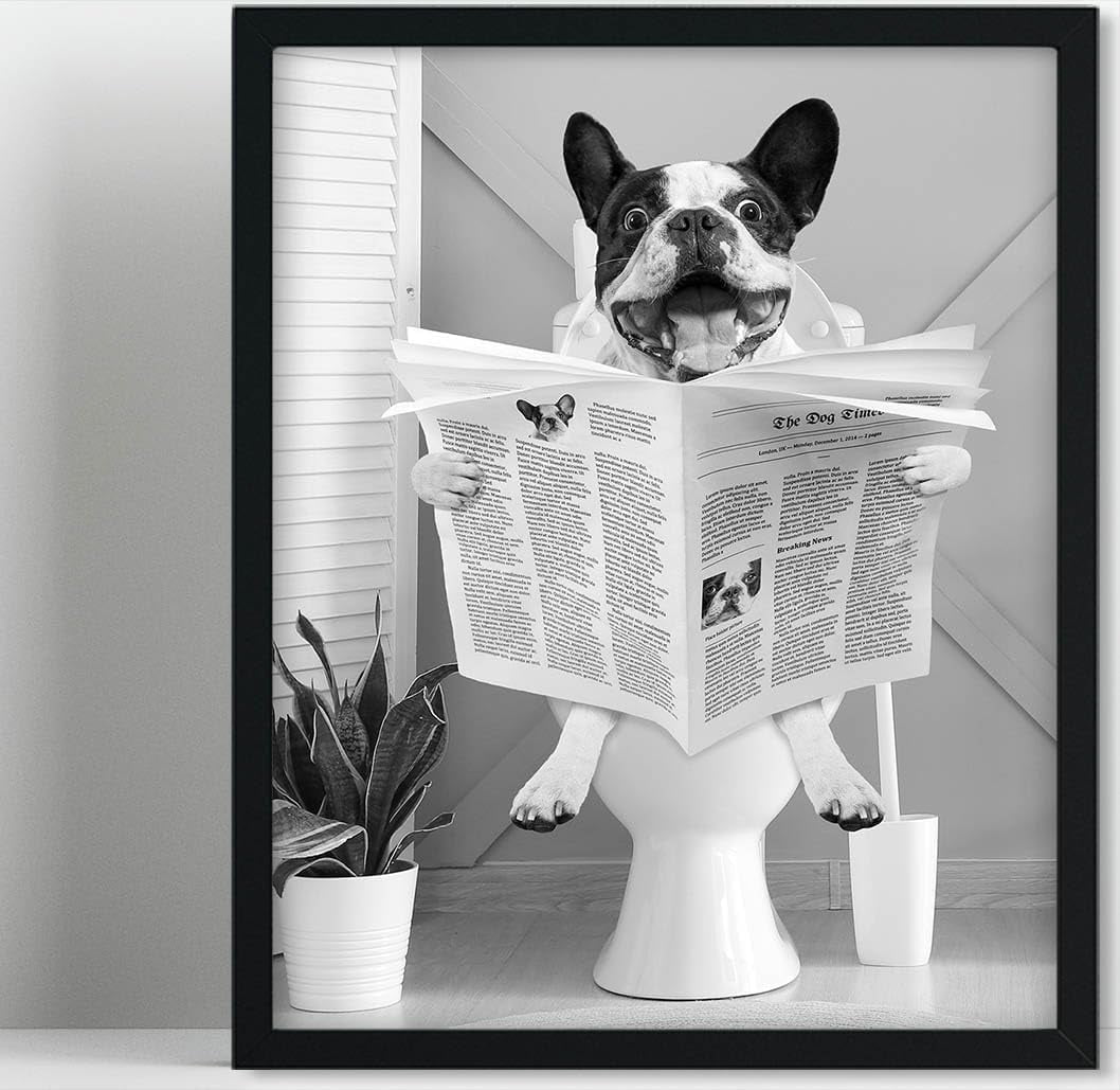 CDDposter Framed Wall Art Dog on Toilet Wall Decor Canvas Print Poster ...