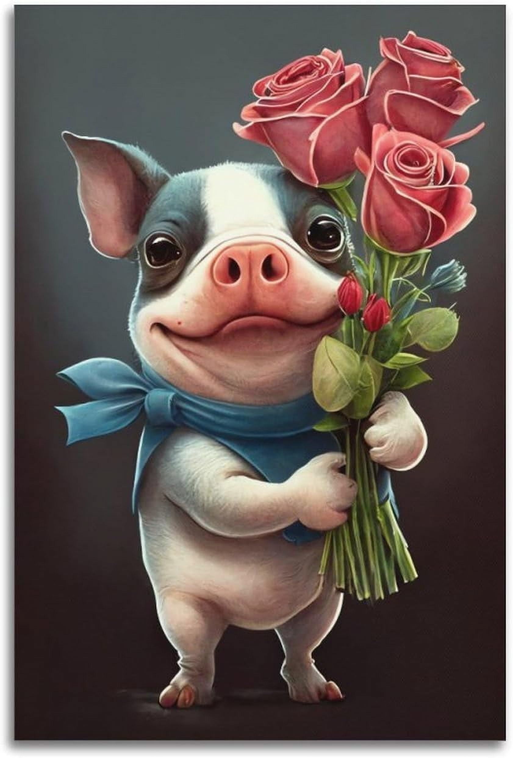 CDDposter Pig Wall Art Poster,Cute Piggy Holding A Rose,Funny Pig Wall ...