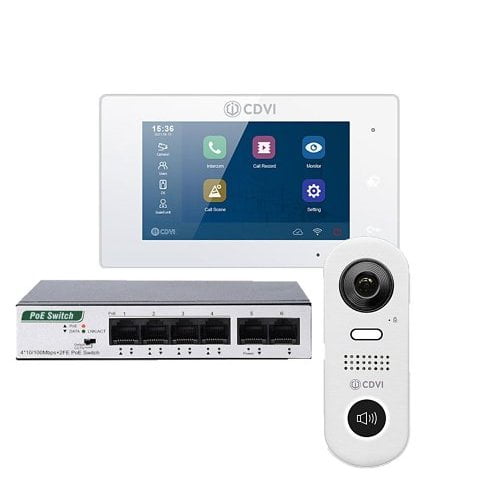 CDVI IP-KIT Intercom IP Kit, (1) IP-SDS Single Door Station, (1) IP-MON 7" TFT White Monitor, (1 ...