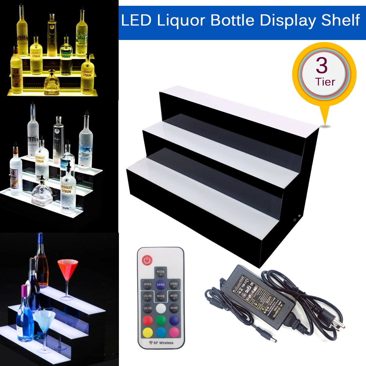 CDZHLTG 24” 3 Step LED Lighted Liquor Bottle Display Shelf 3-Tier Bar ...