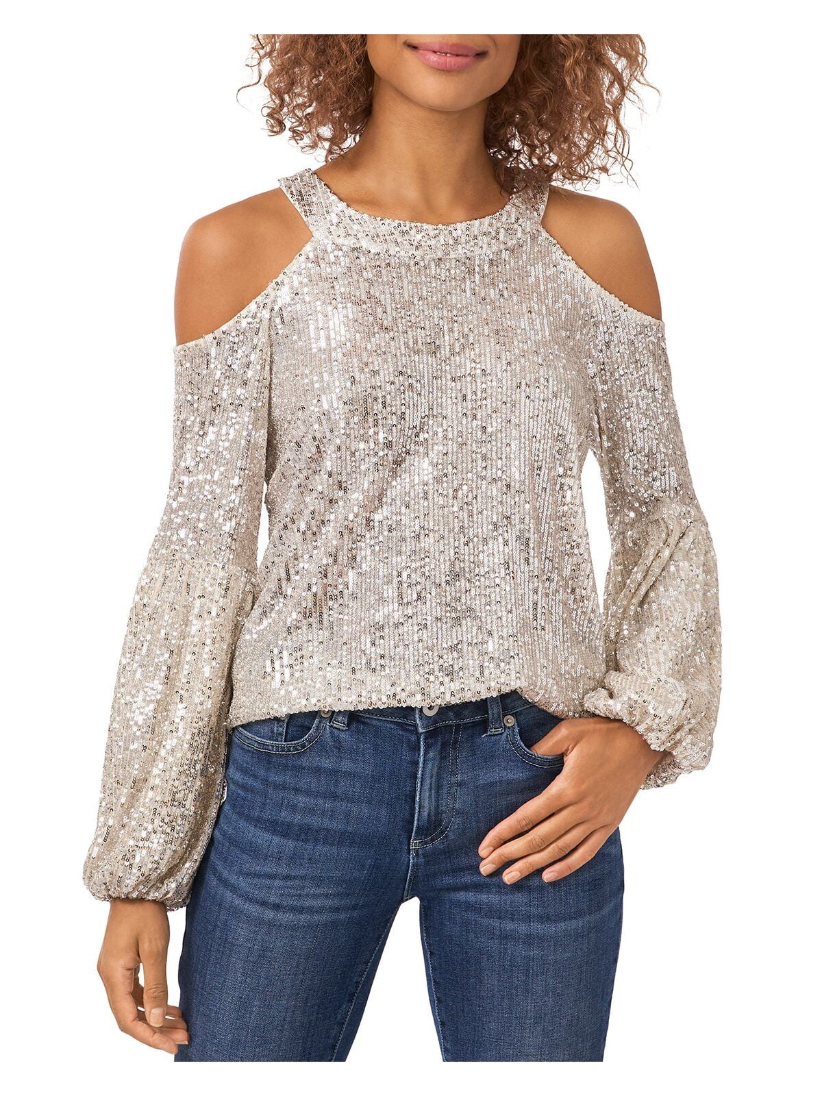CECE Womens Beige Cold Shoulder Sequined Keyhole Back Button Closure ...