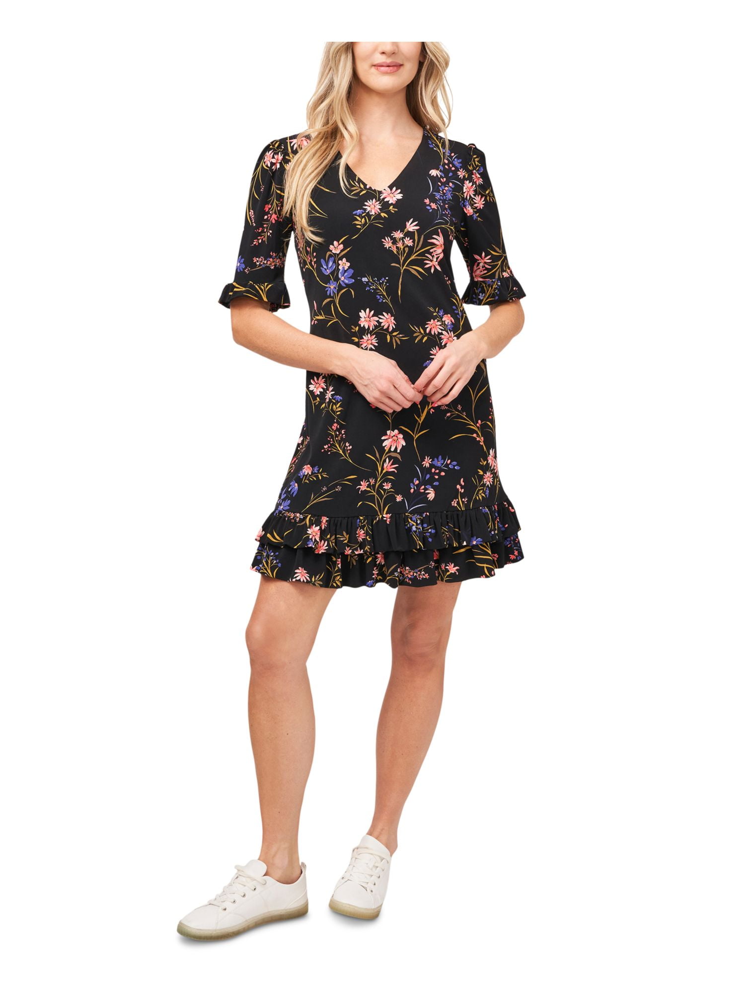 CECE Womens Black Floral 3/4 Sleeve V Neck Above The Knee Cocktail ...