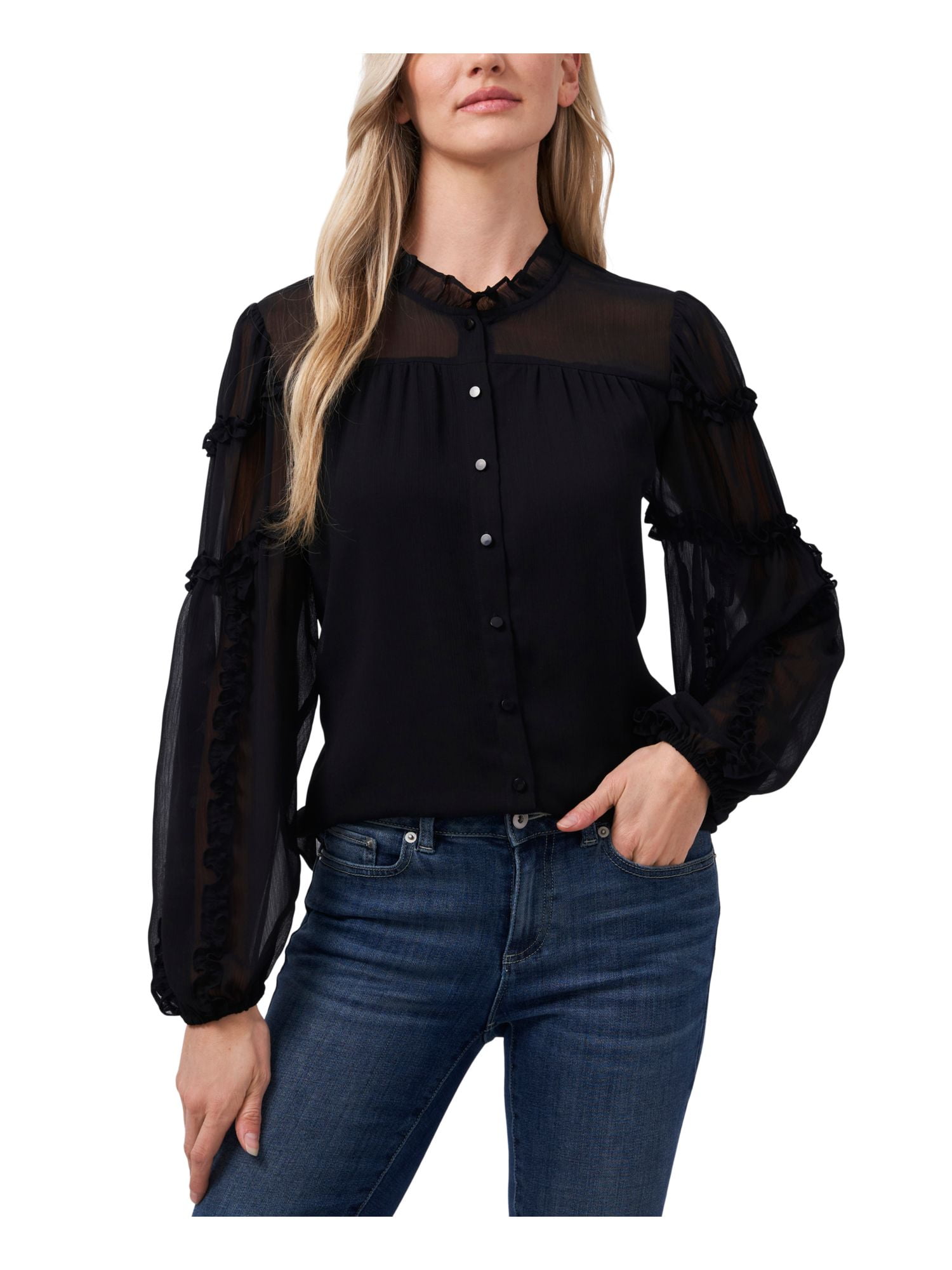 CECE Womens Black Sheer Ruffled Lined Bodice Curved Hem Long Sleeve ...