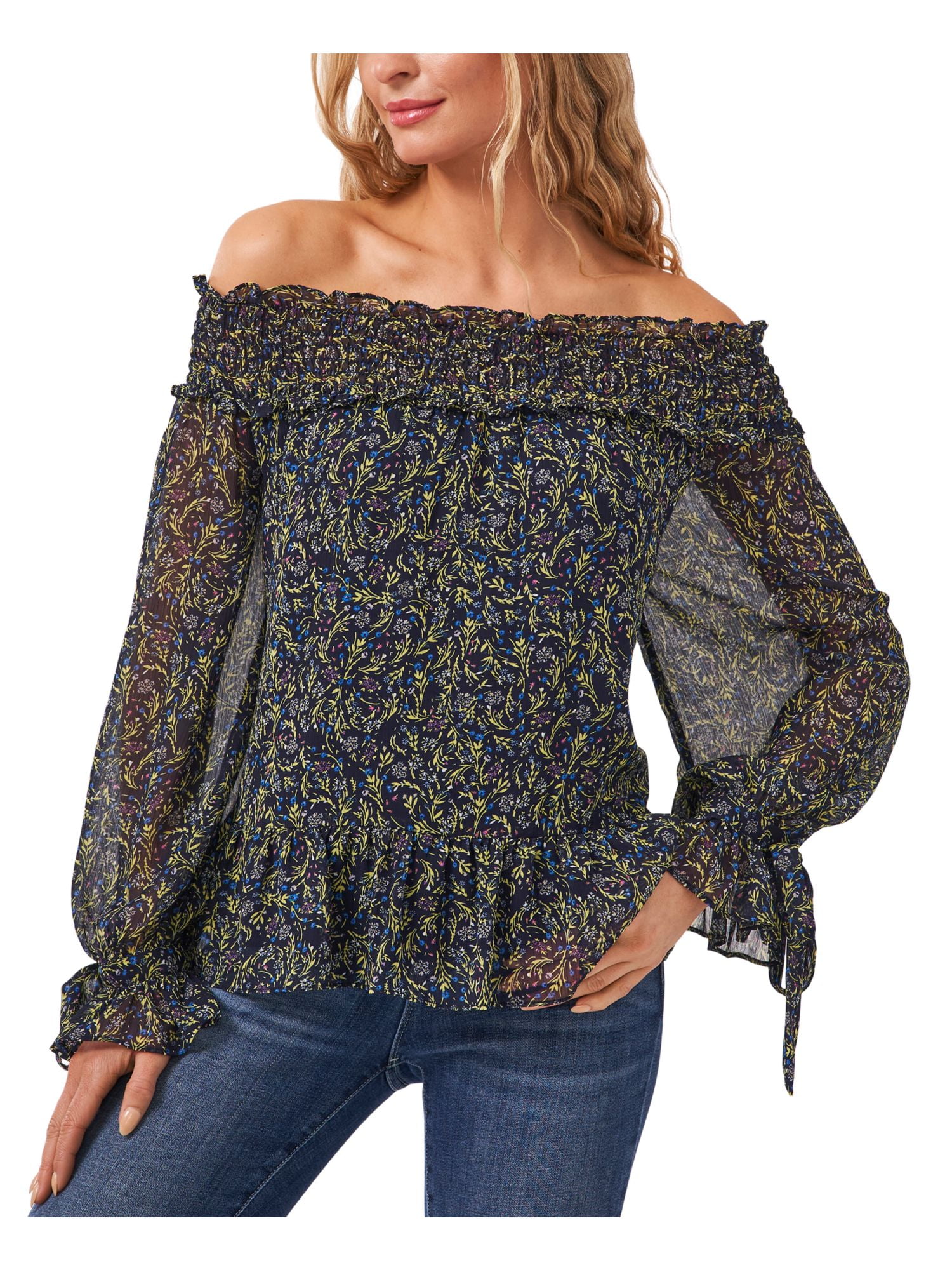 CECE Womens Navy Ruffled Sheer Tie Sleeve Partially Lined Floral Bell ...