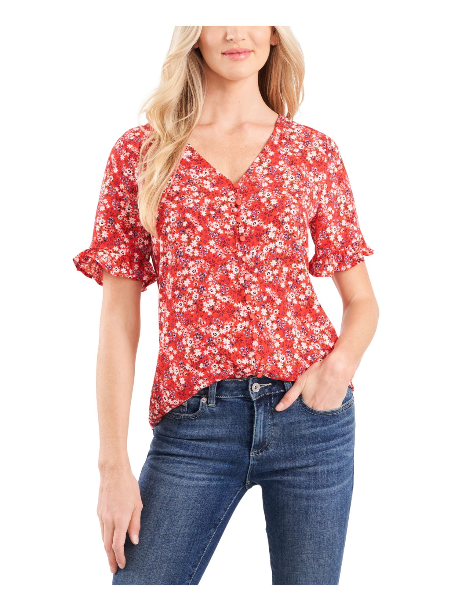 CECE Womens Red Ruffled Button Front Floral Short Sleeve V Neck Wear To ...