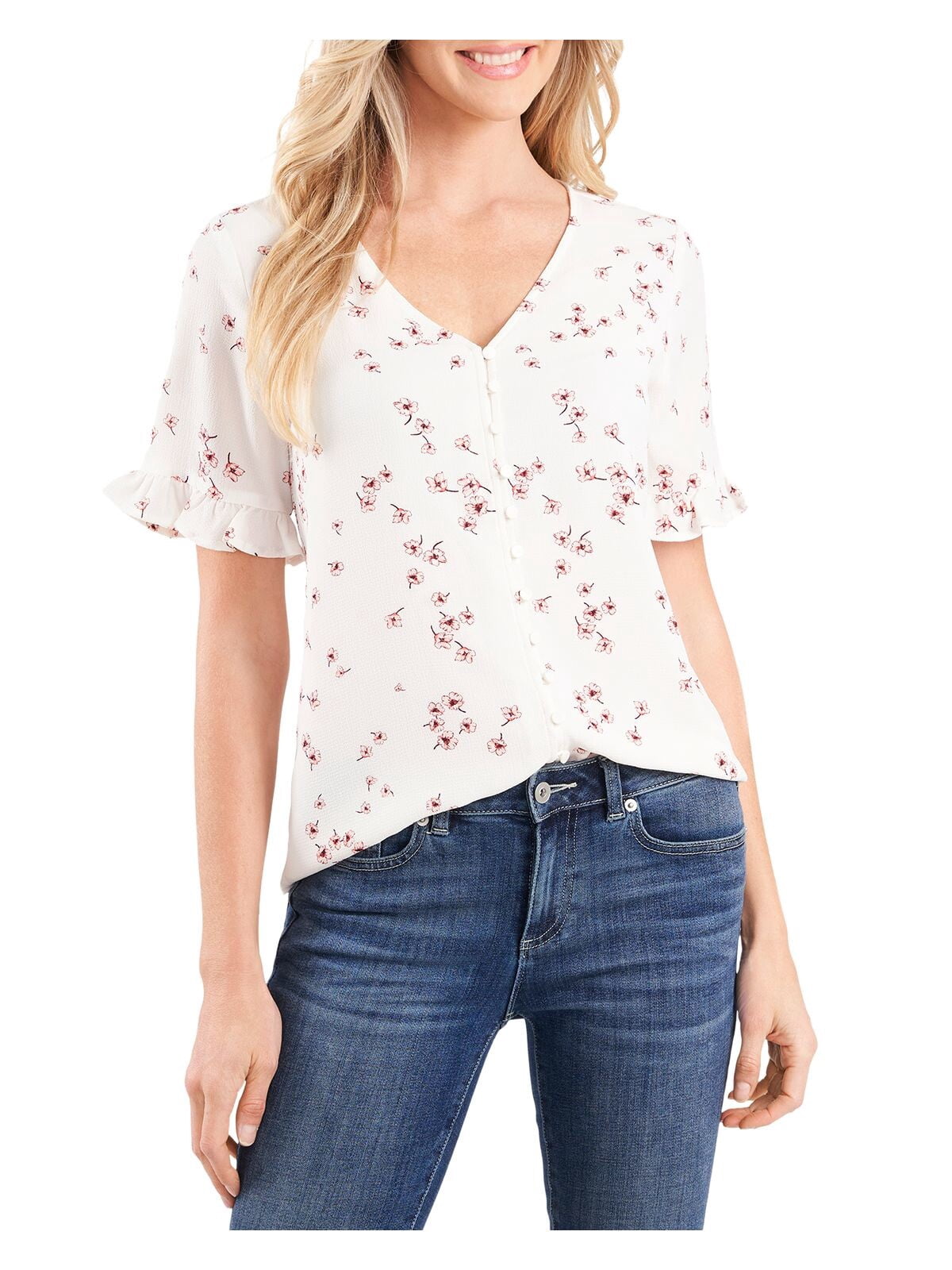 CECE Womens White Ruffled Textured Button Front Closure Floral Short ...