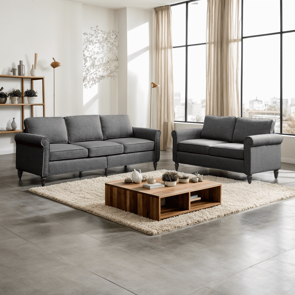 CECER 2 Pieces Living Room Sofa Set, Linen Fabric Sectional Sofas and ...