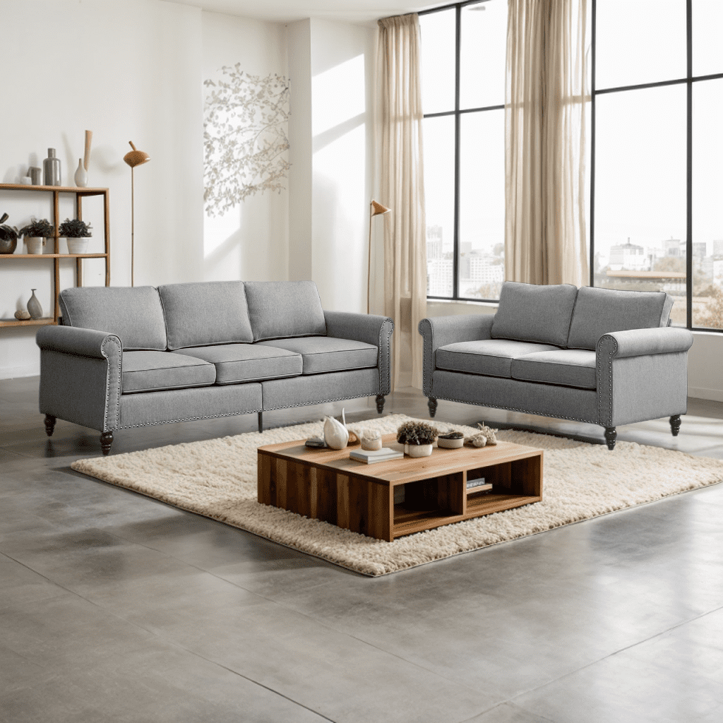 CECER 2 Pieces Living Room Sofa Set, Linen Fabric Sectional Sofas and ...