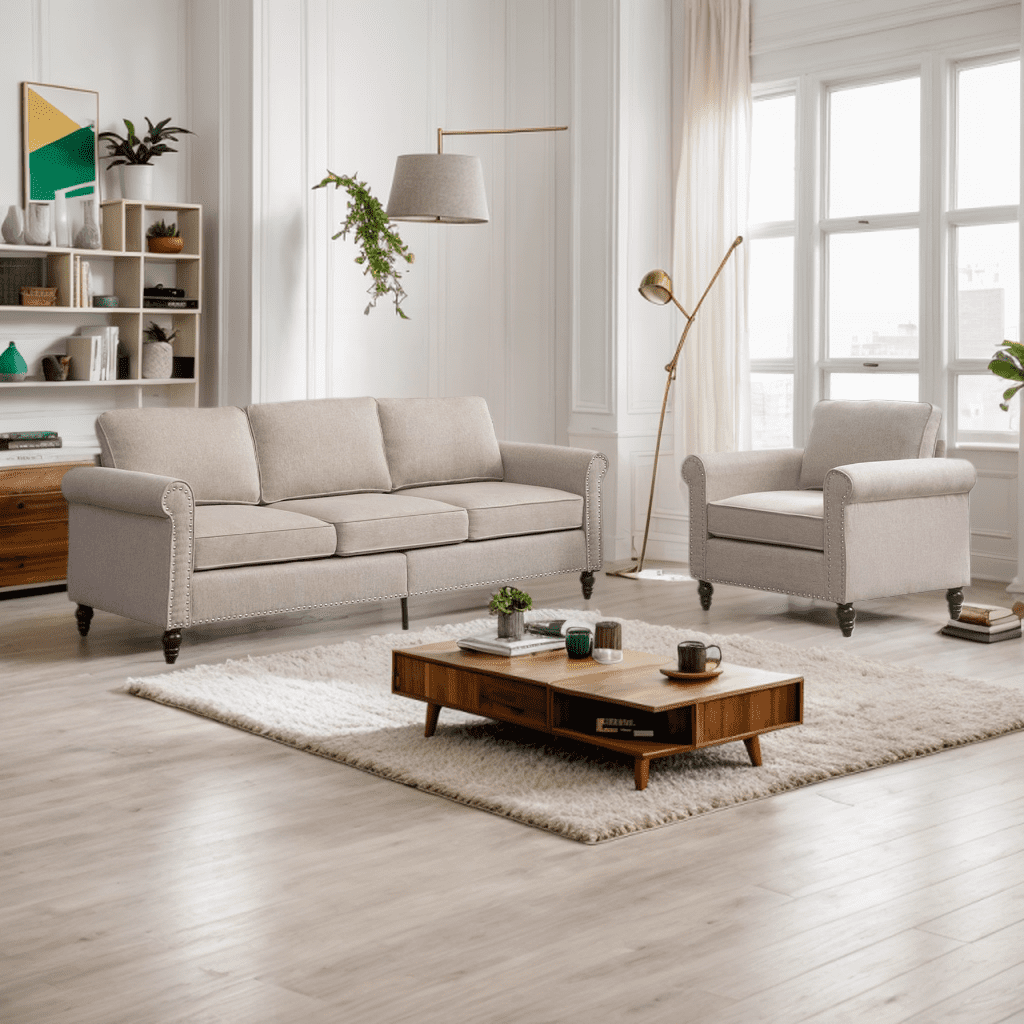 CECER 2 Pieces Living Room Sofa Set, Linen Fabric Sectional Sofas and ...