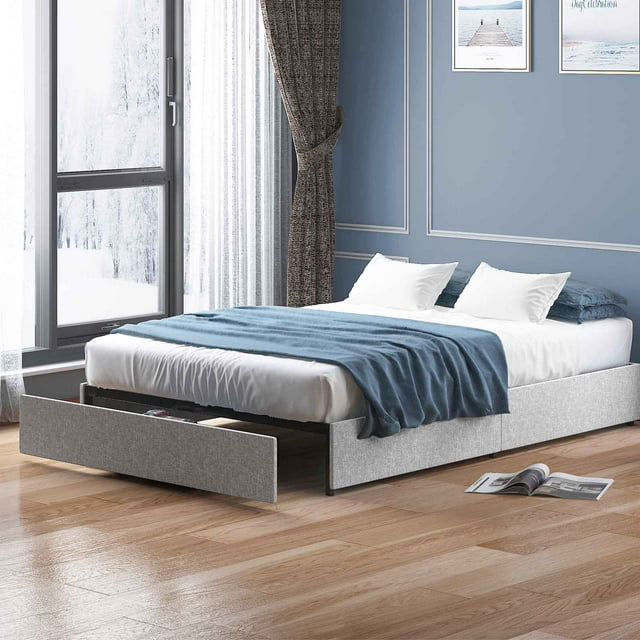 CECER Full Size Bed Frame with Storage Drawers, Linen Fabric ...
