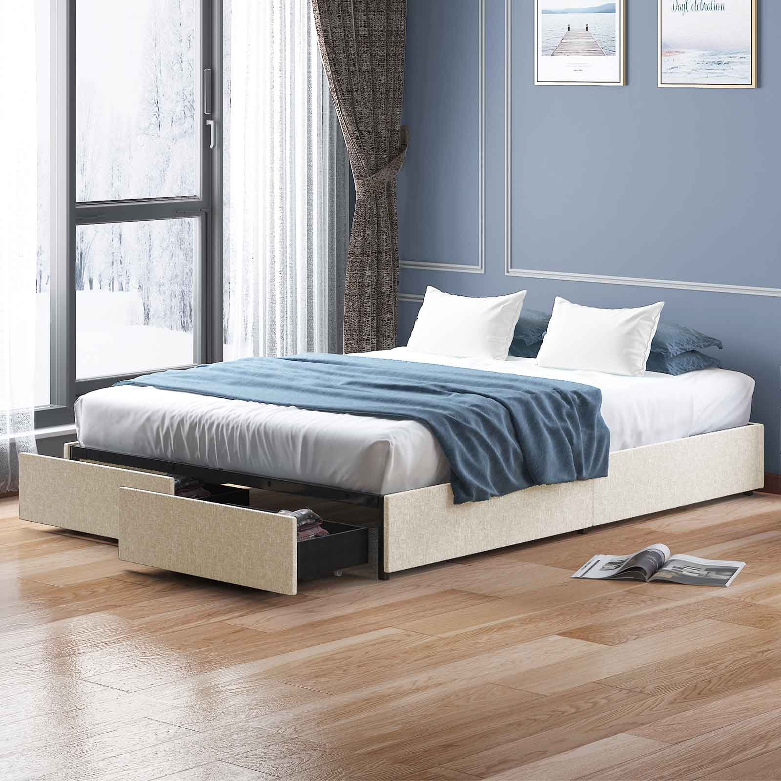 CECER King Size Bed Frame with Storage Drawers, Linen Fabric ...