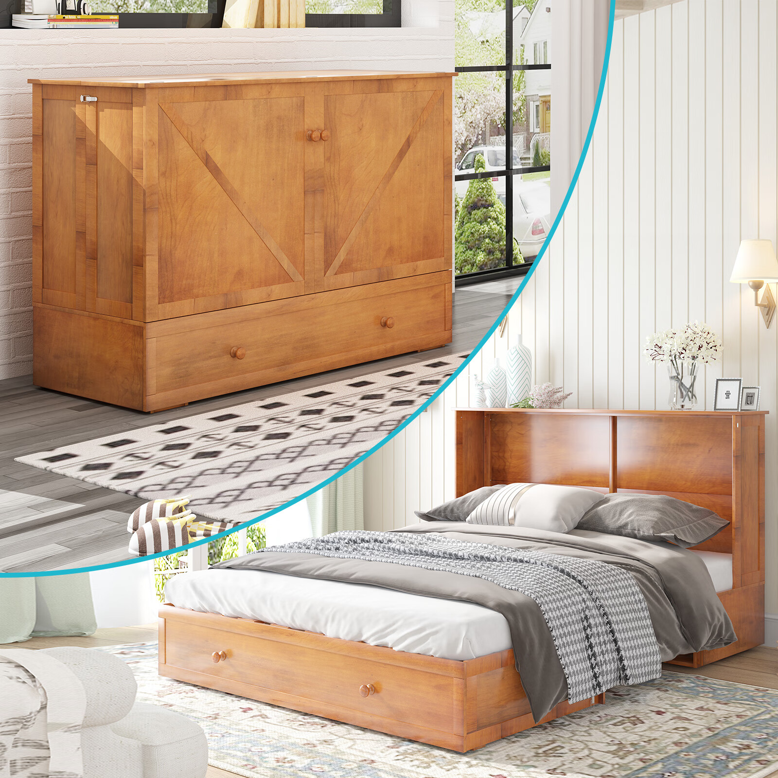 CECER Murphy Bed Chest, Cabinet Bed with Trifold Foam Mattress, Queen ...