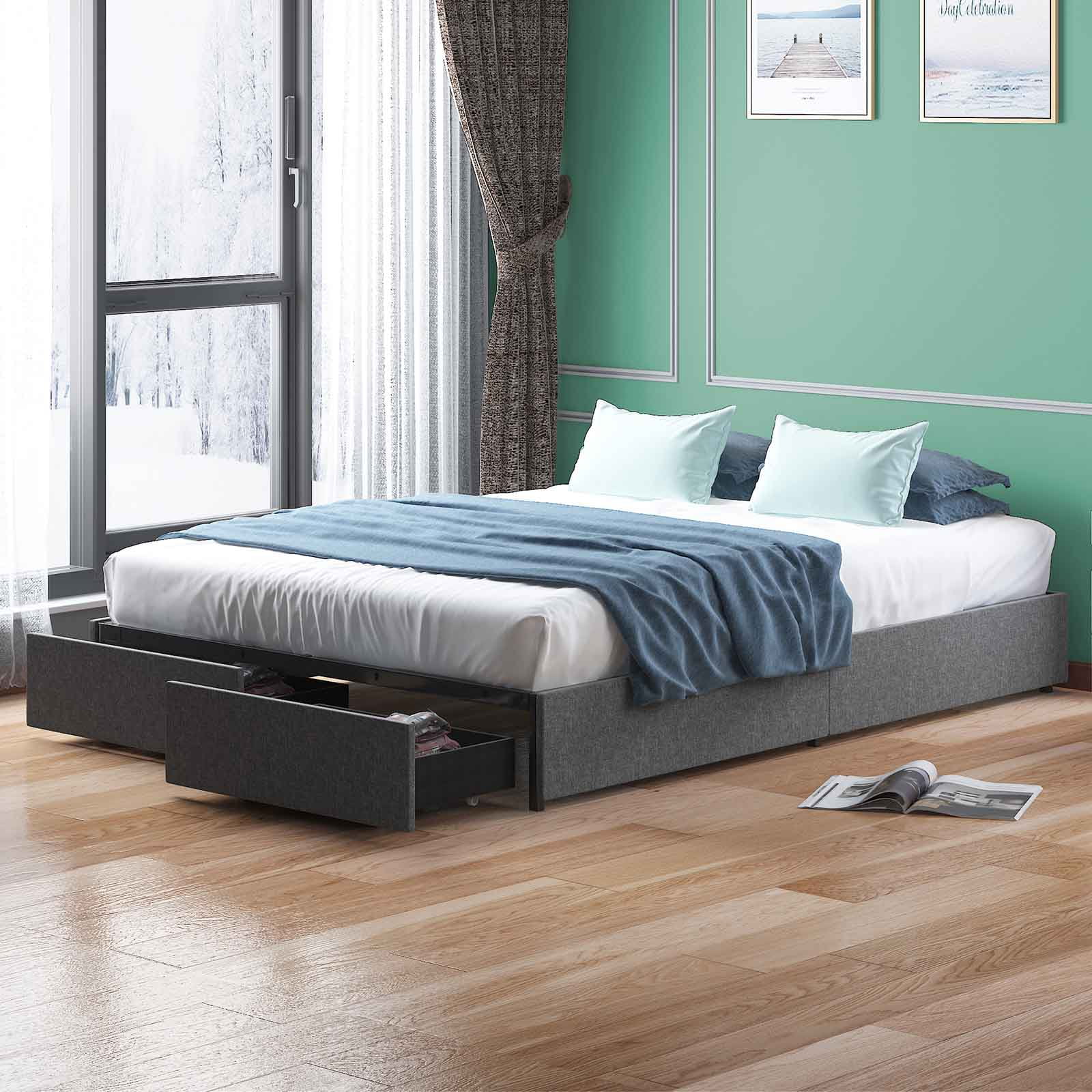 CECER Queen Size Bed Frame with Storage Drawers, Wood Slat Support Bed ...