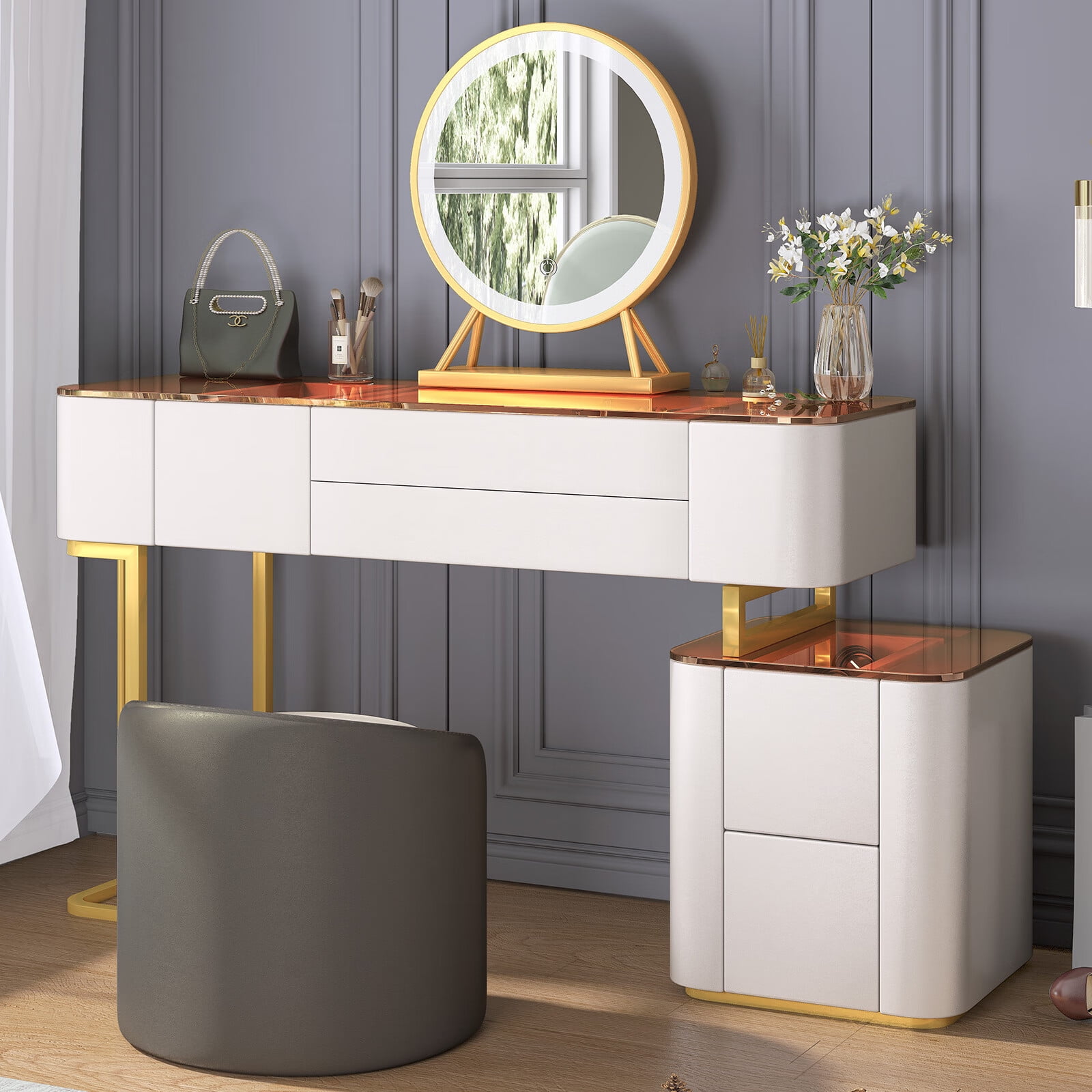 CECER Vanity Set with Light and Mirror, Makeup Vanity with Moveable ...