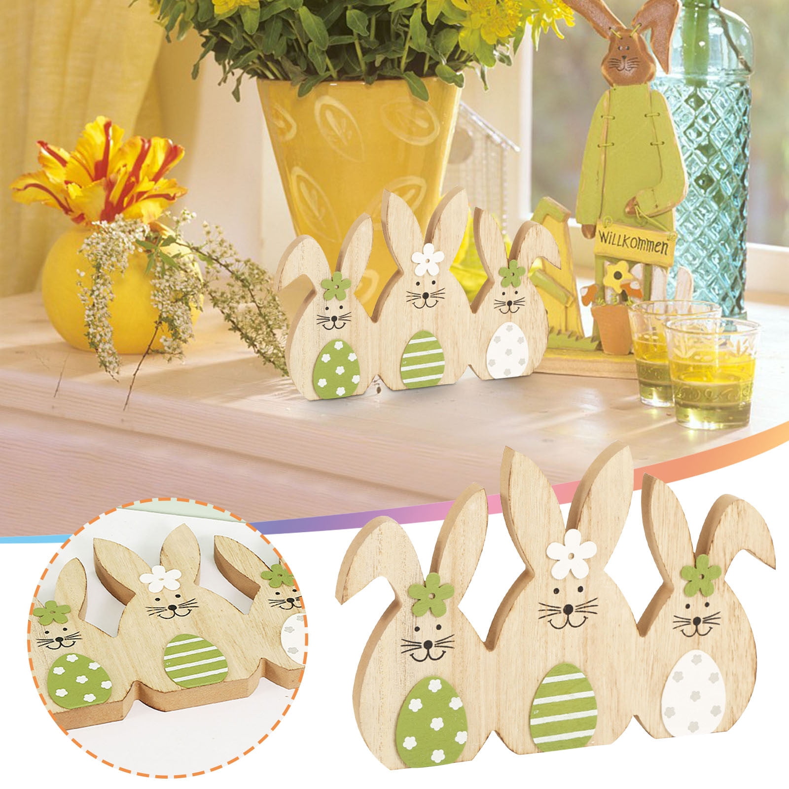 CEHVOM Easter Rabbit Decorations Happy Easter Tree Decoration Wooden ...