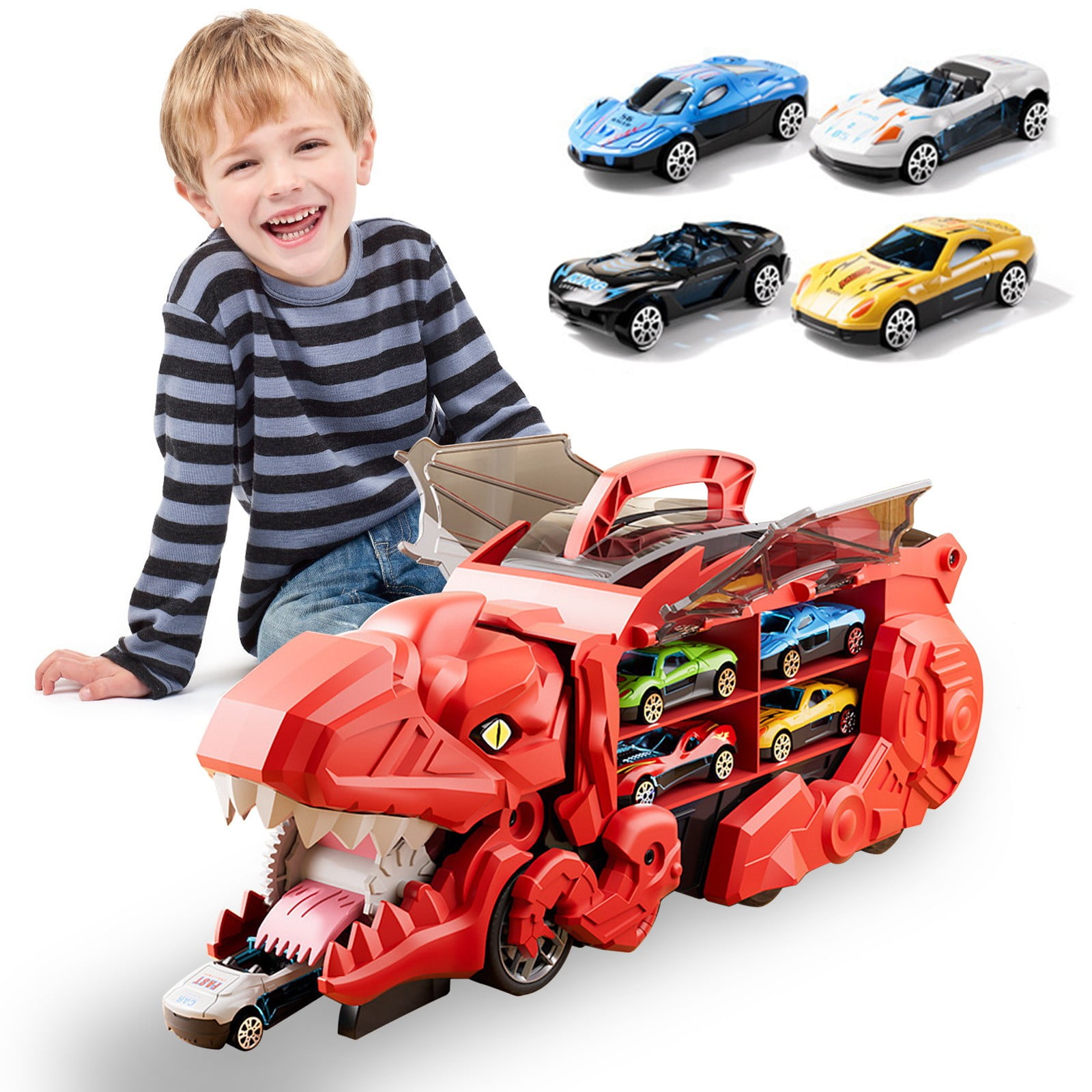 CEHVOM Pull Back Vehicles Dinosaur Truck Toys For Kids Transforms With ...