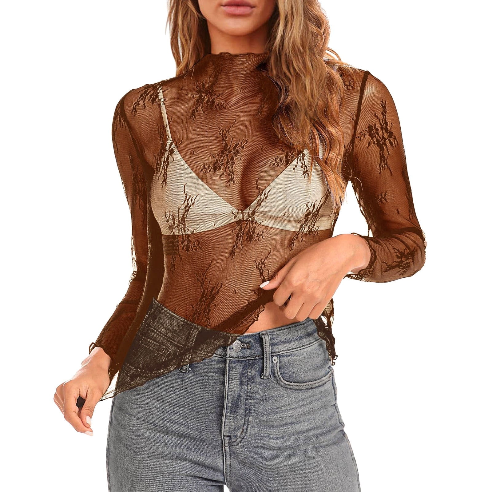 Celiean Mesh Long Sleeve Layering Top For Women Neck Floral Embroidery Sheer See Through Tee