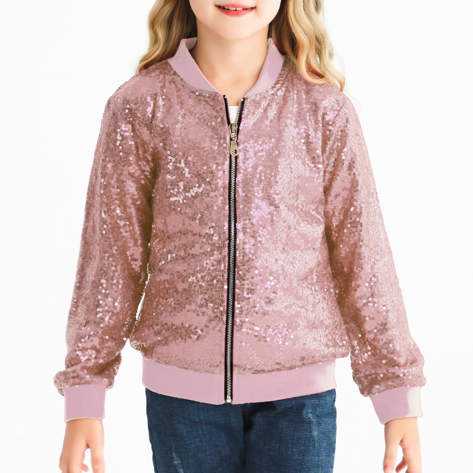 CELIEAN Sequin Jackets Girls Long Sleeve Zip Up Jacket For Kids ...