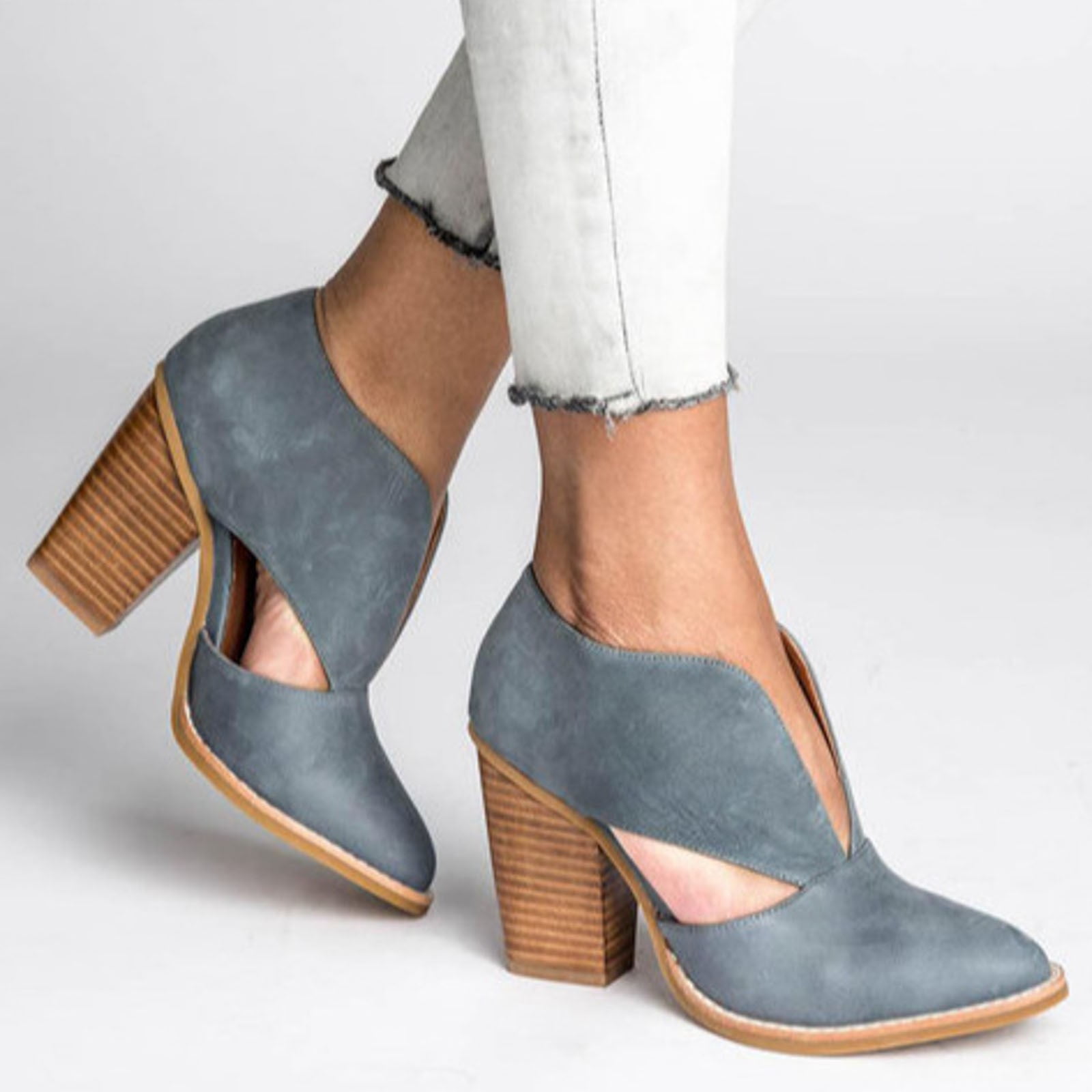 CELIEAN Women’s Ankle Boots Stacked Heel Cut Out Pointed Toe Leather ...