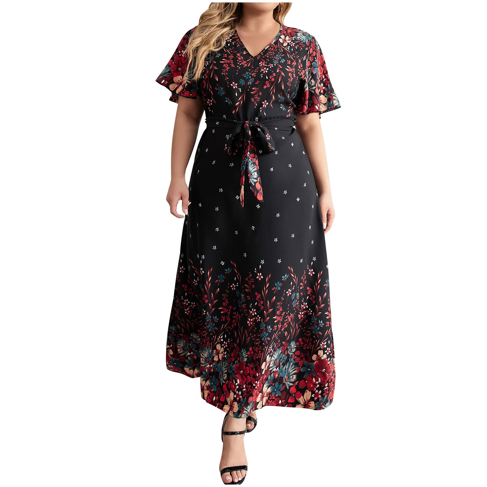XFYSSS L-5XL Women's Plus Size Dresses Elegant Floral Flowy V Neck Short Sleeve Midi Dresses ...