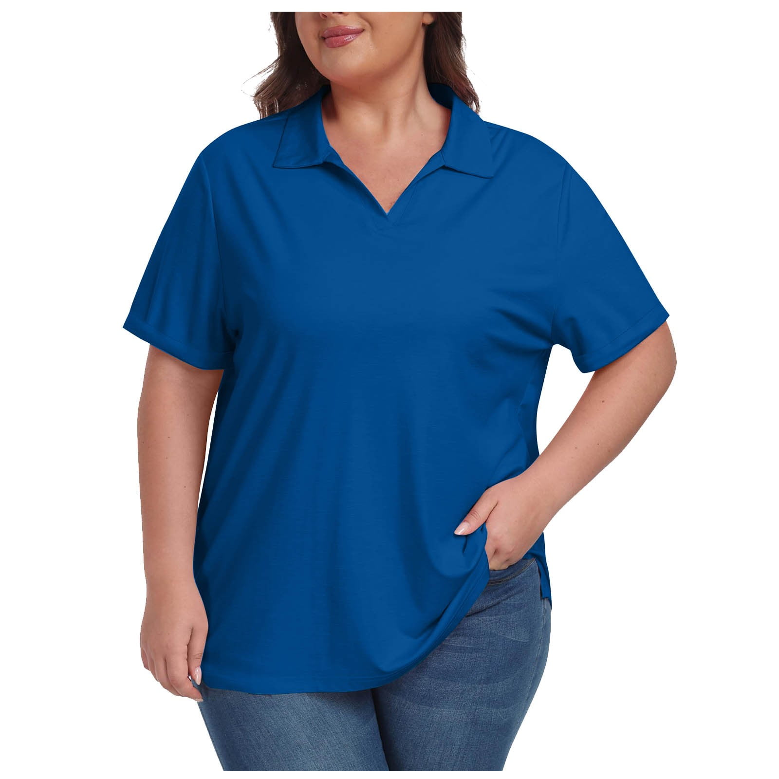 CELILIN Women's Plus Size Tops Polo Shirts Solid Color Short Sleeve V-Neck Loose Fit Breathable ...