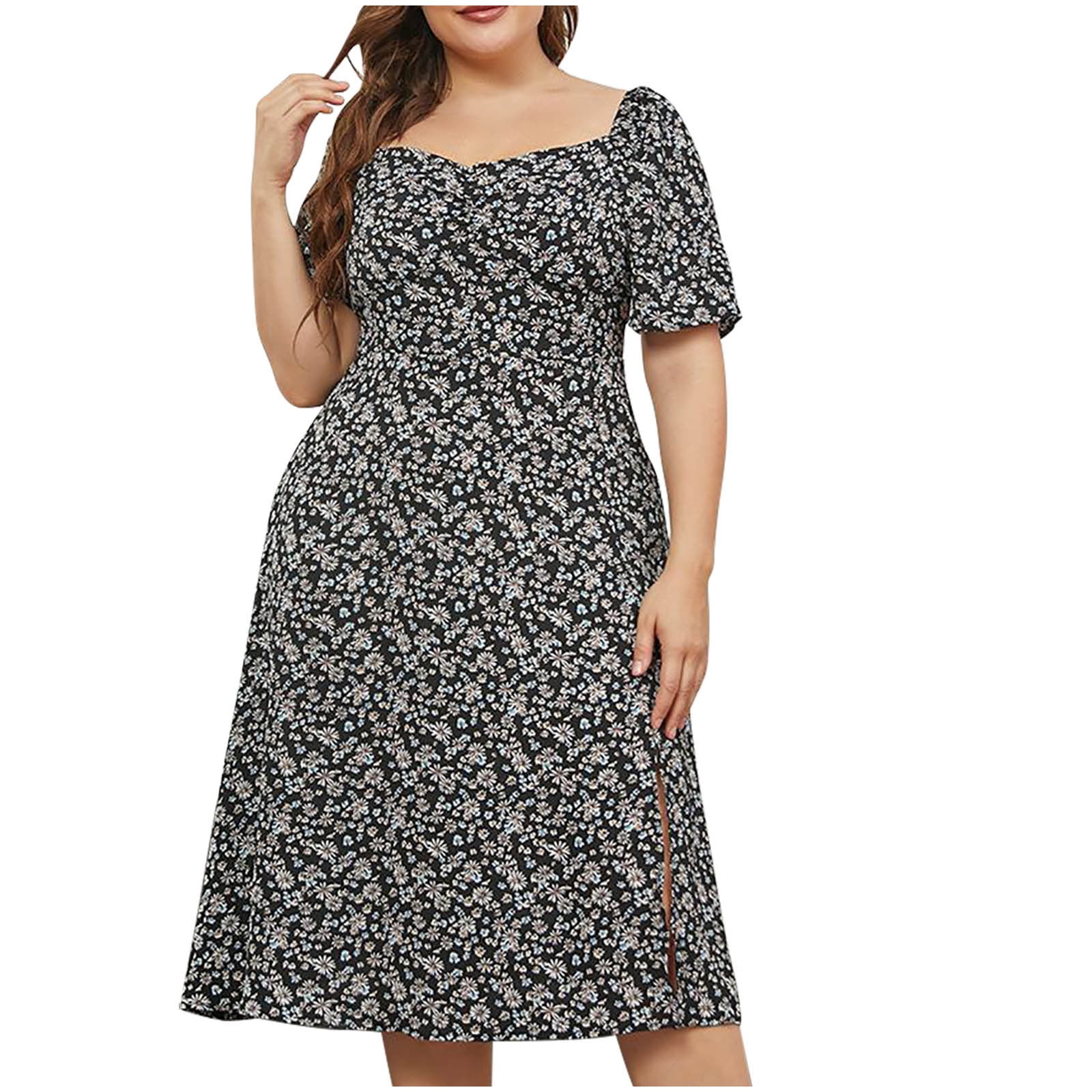 CELILIN XL-5XL Women's Plus Size Dresses Floral Boho Puff Sleeve Square ...