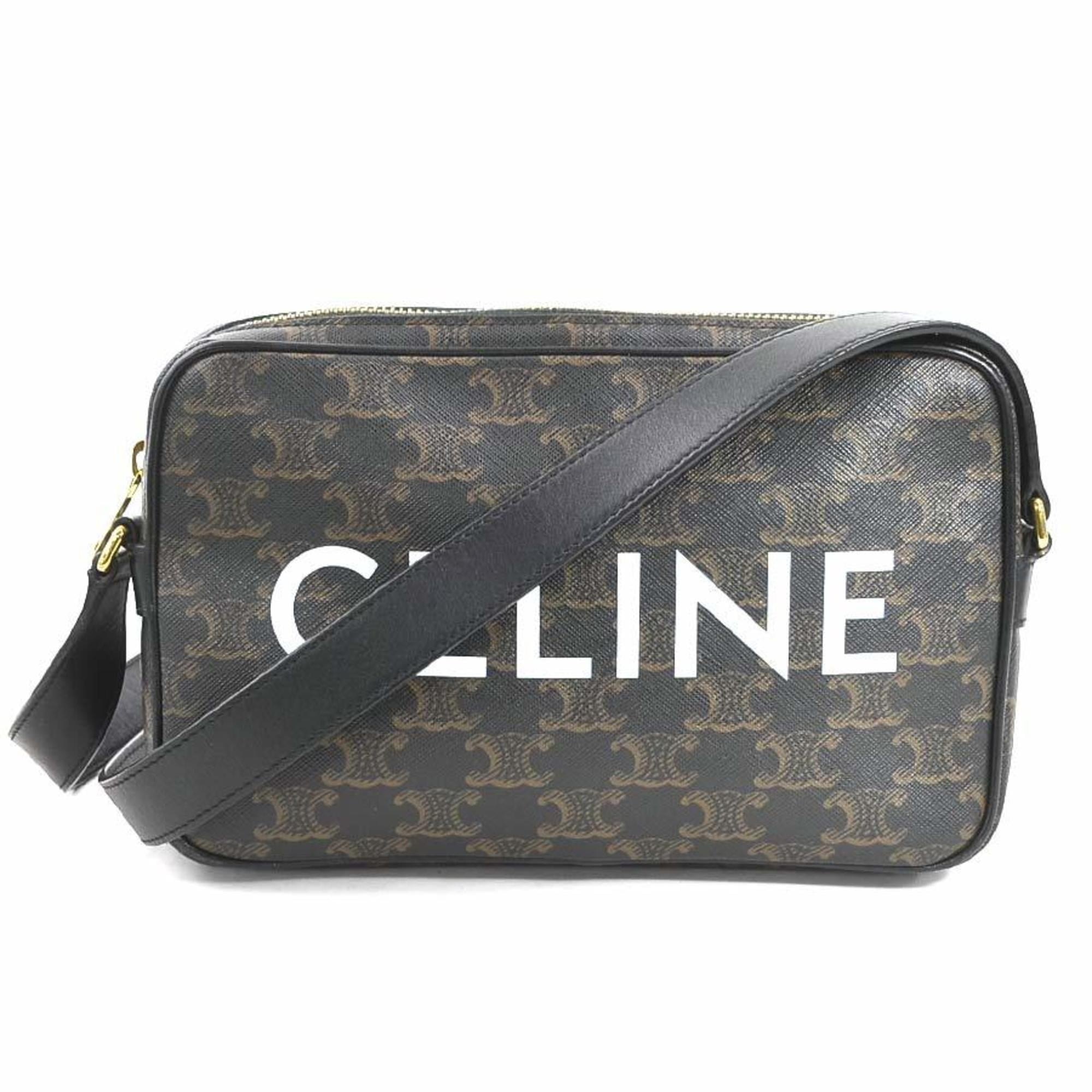 Pre-Owned CELINE Triomphe Medium Shoulder Bag, Coated Canvas, Black ...