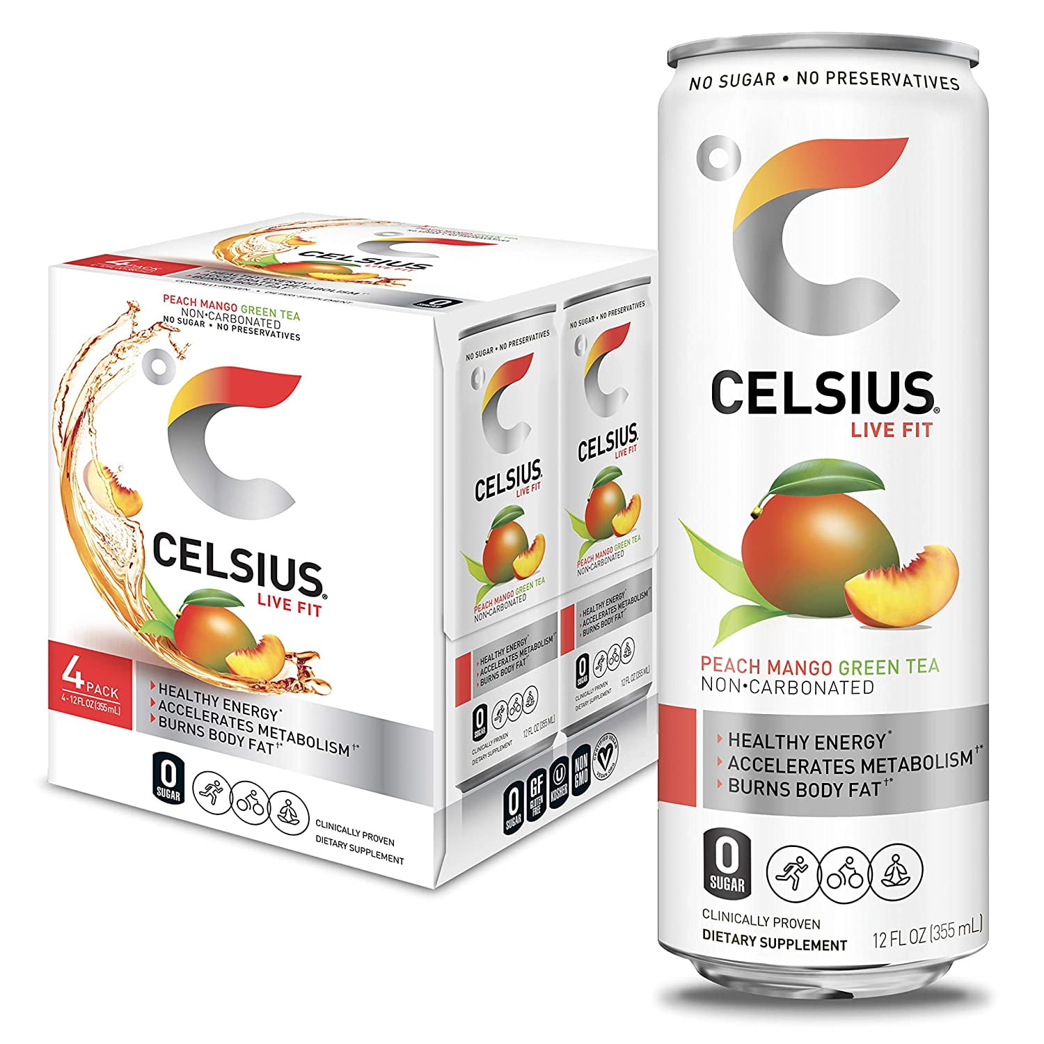 CELSIUS Essential Energy Drink 12 Fl Oz, Peach Mango Green Tea (Pack of ...
