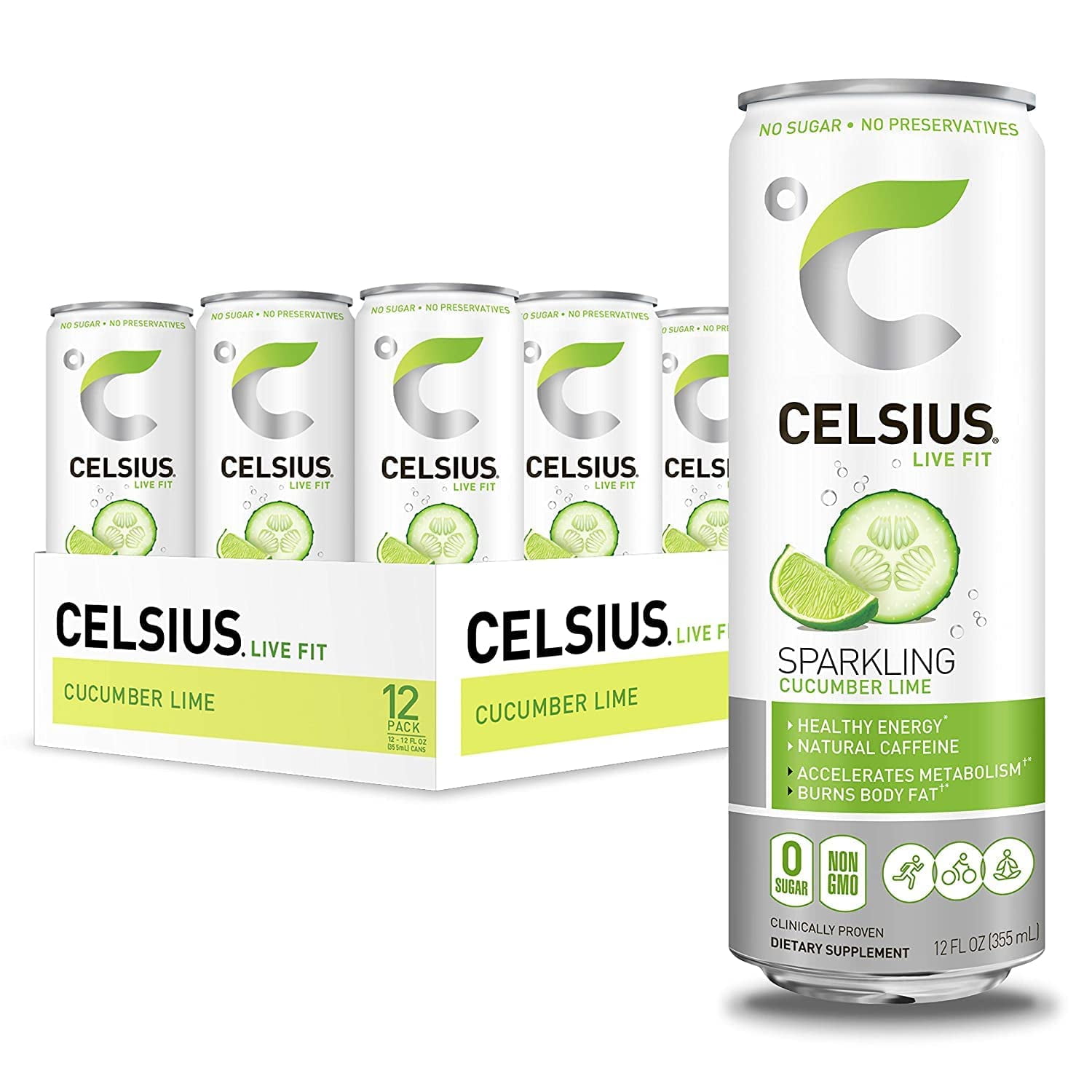 CELSIUS Fitness Drink, Zero Sugar, Stevia, Cucumber Lime, 12oz. Can, 12 ...