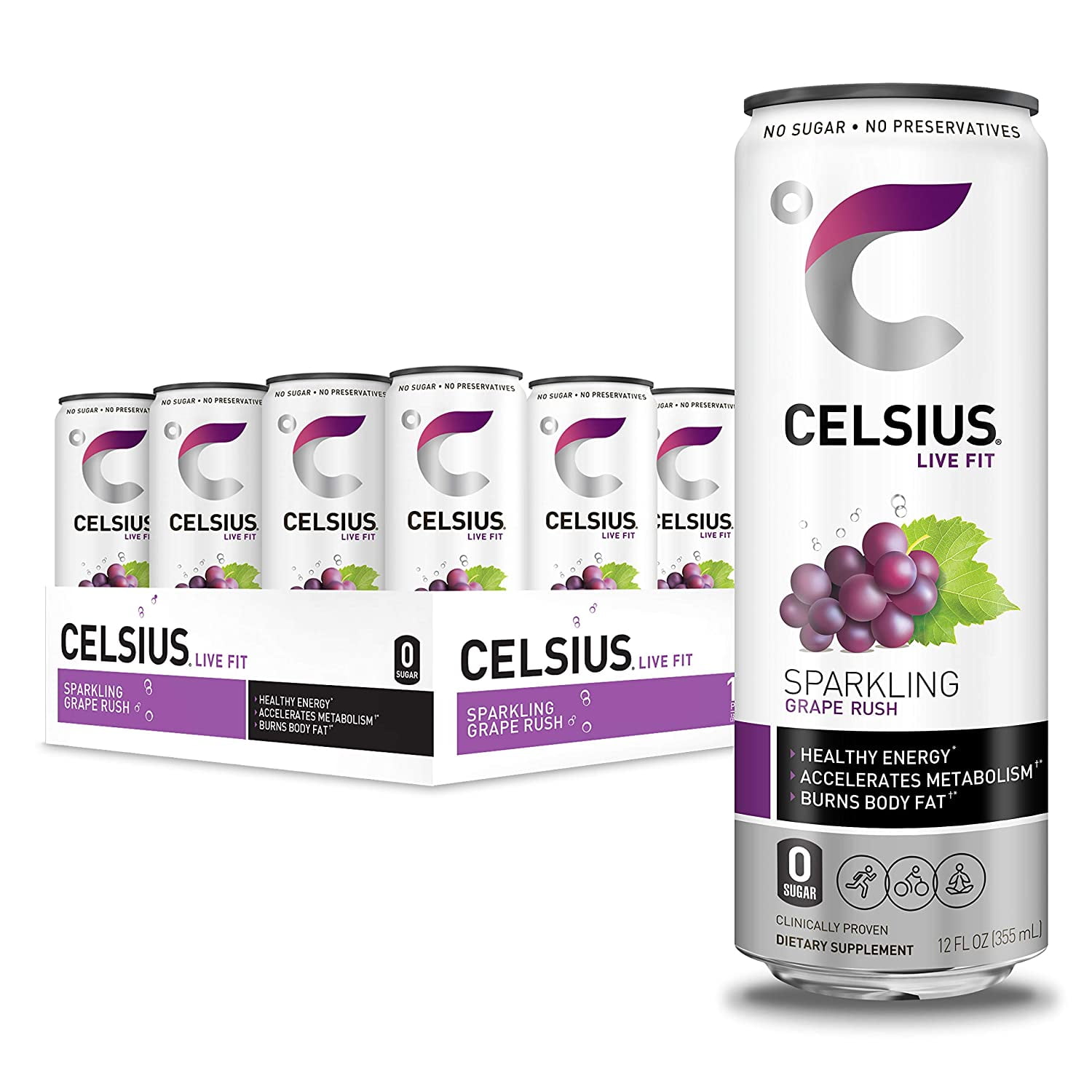 CELSIUS Sparkling Grape Rush Fitness Drink, Zero Sugar, 12oz. Slim Can ...