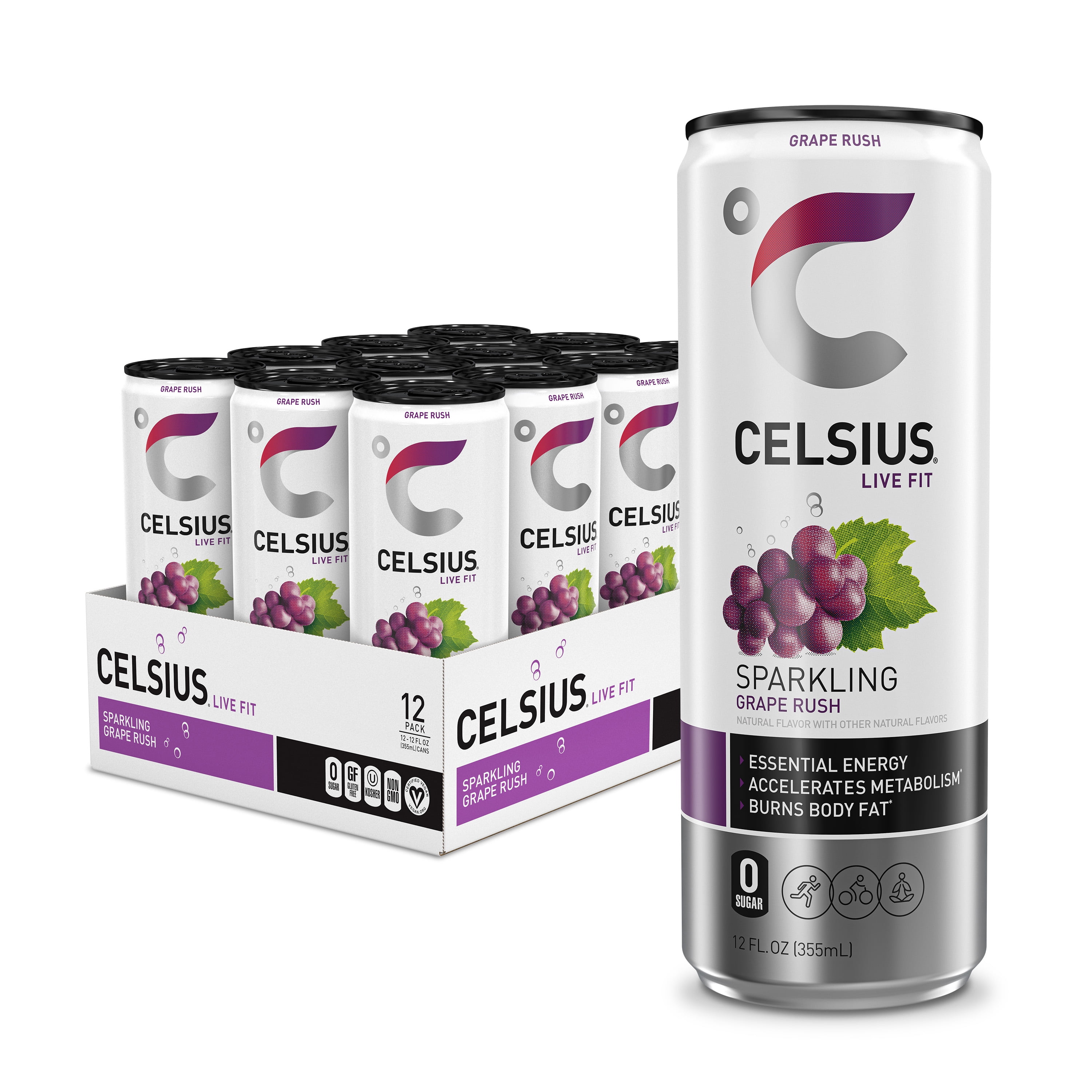 CELSIUS Essential Energy Drink, Sparkling Grape Rush, Zero Sugar, 12 fl oz Can (Pack of 12 ...