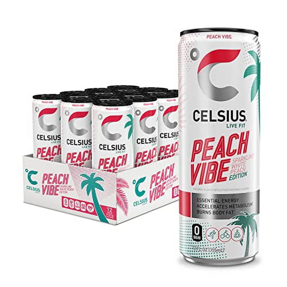 CELSIUS Peach Vibe Functional Energy Drink, Sparkling, Essential, 12 Fl ...