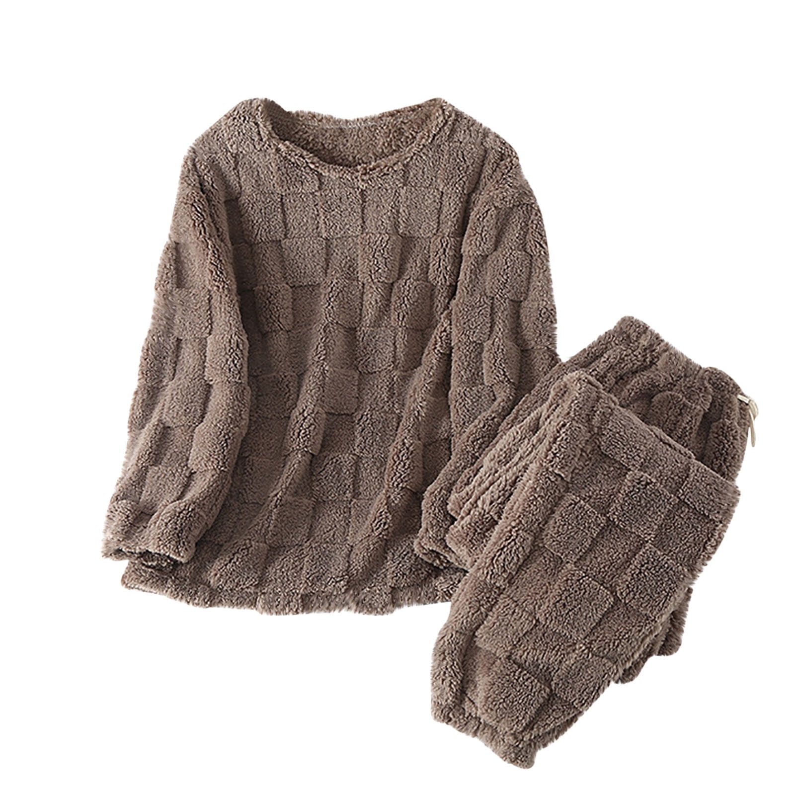 CENGNIAN No Boundaries Women's Plush Fleece 2-Piece Pajama Sets,Winter Grid Textured Drawstring ...