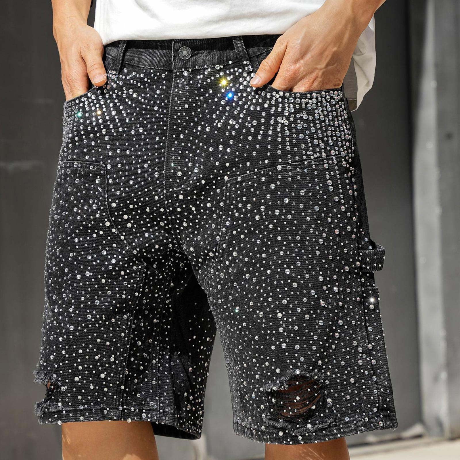CENGNIAN Men's Rhinestone Bermuda Shorts Jean Denim Shorts Knee Length ...