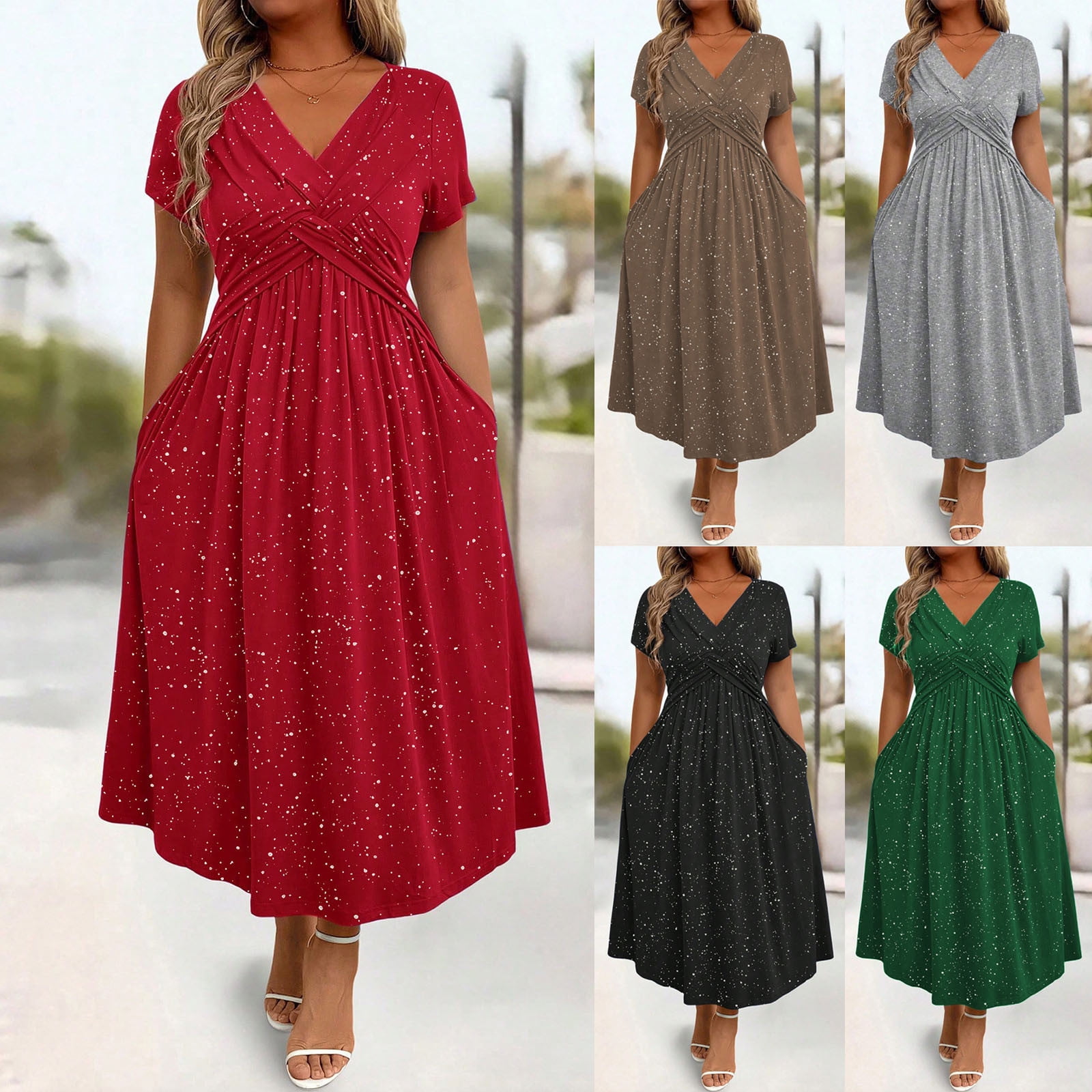 CENGNIAN Plus Size Summer Cap Sleeves Long Sleeves V Neck Sequins ...