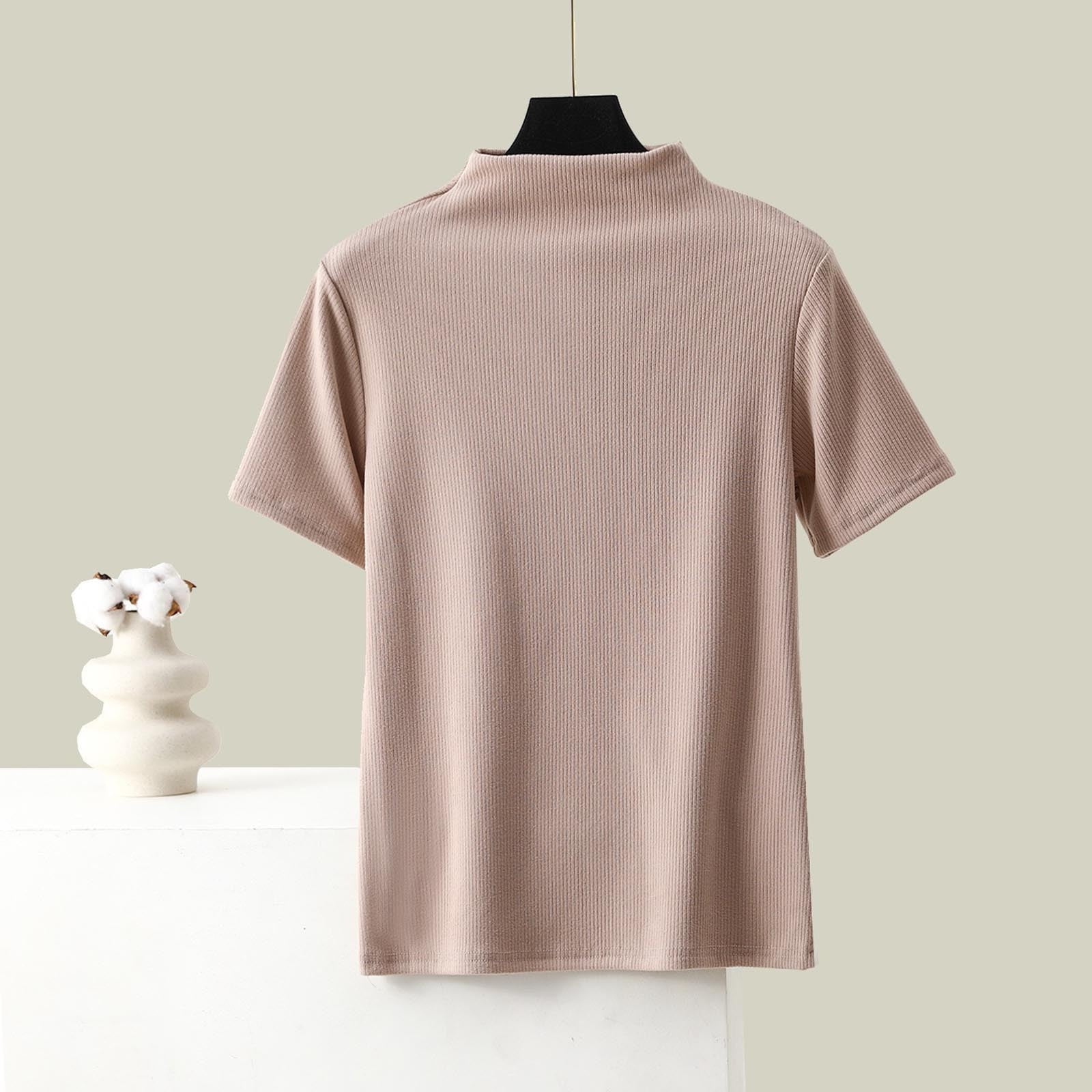 CENGNIAN Women Short Sleeve Mock Turtleneck Basic Tops Round-neck ...