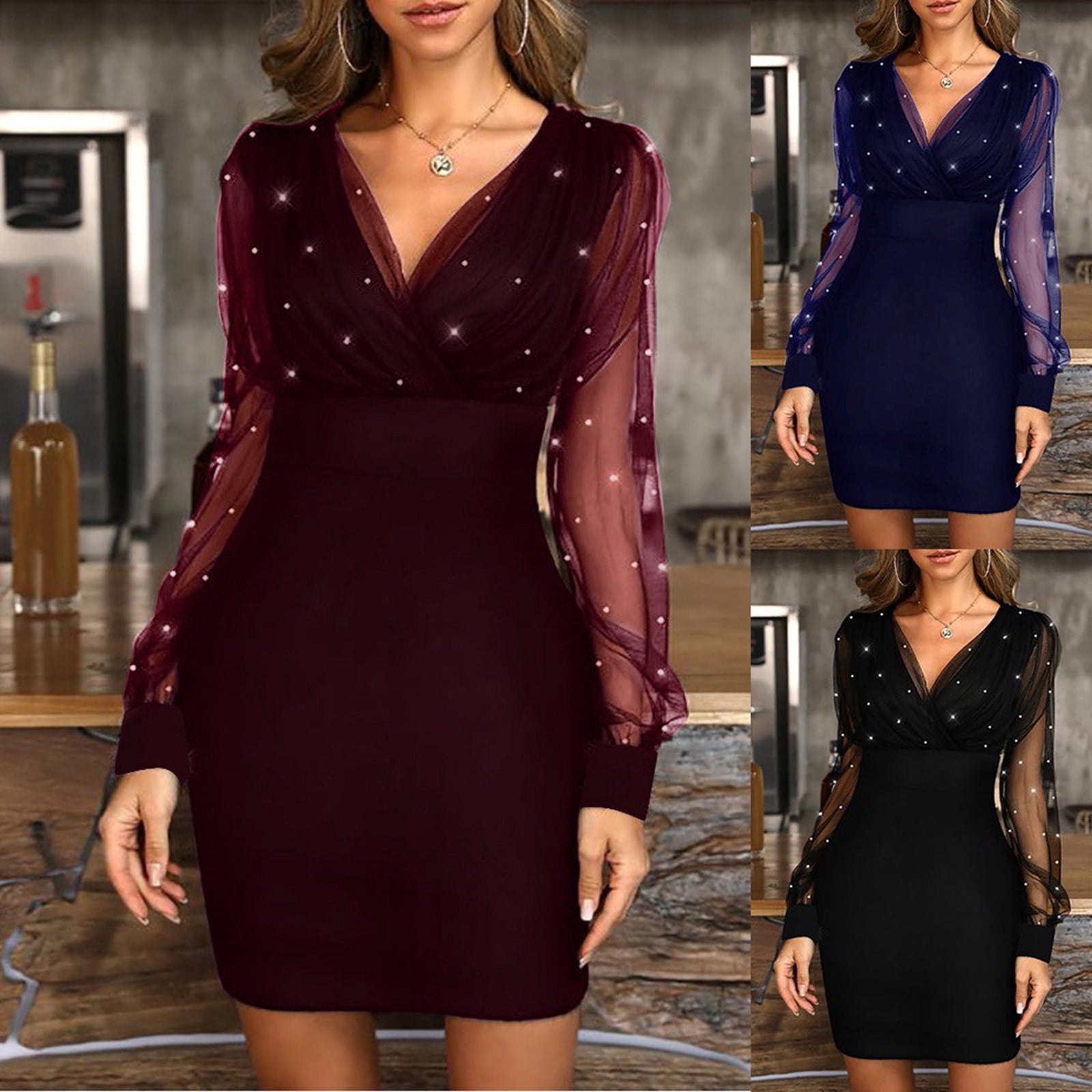 CENGNIAN Women's Glitter Party Dress Mesh Sheer Lantern Sleeve V-Neck ...