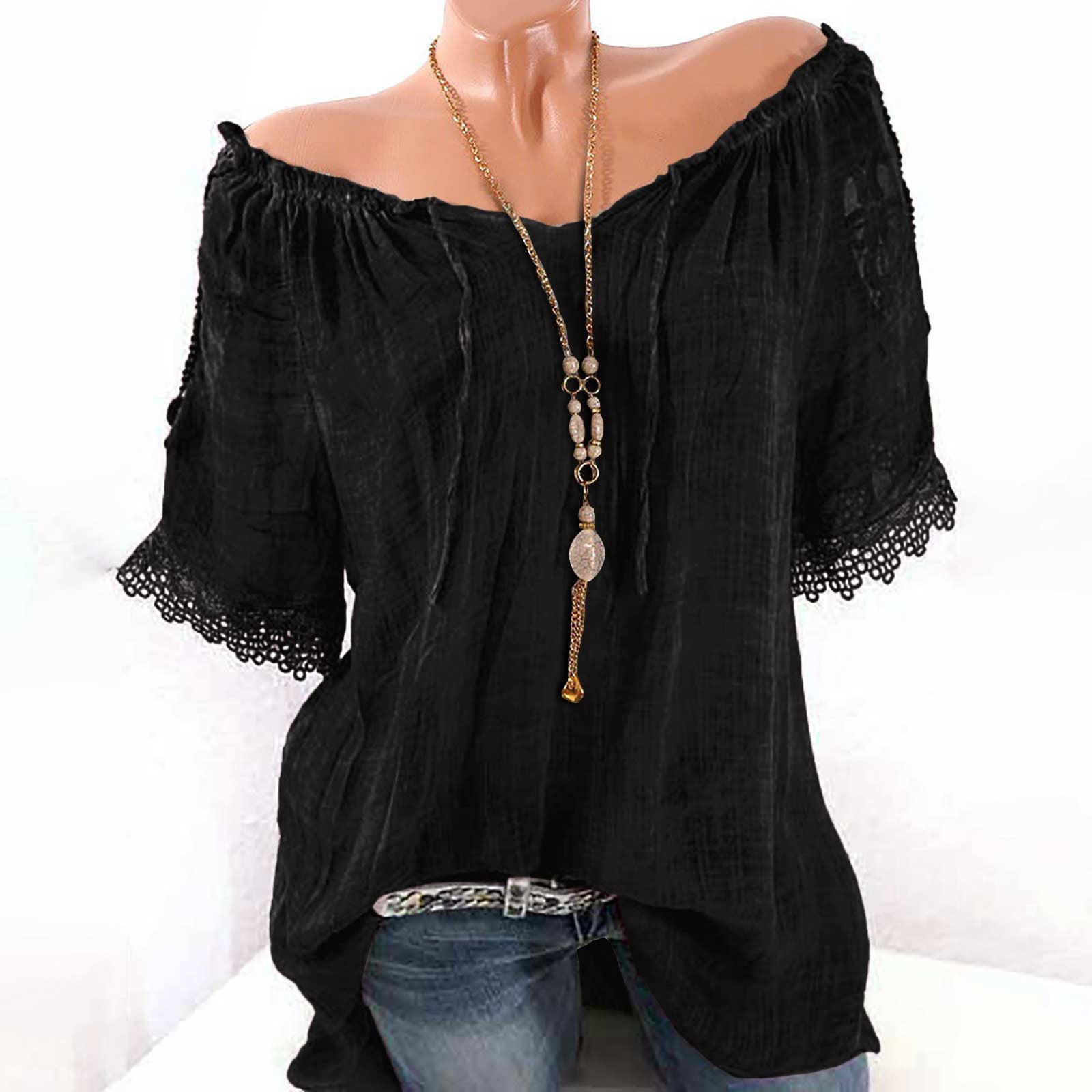 CENGNIAN Womens Summer Tops Crochet Lace Half Sleeve Blouses Crewneck ...